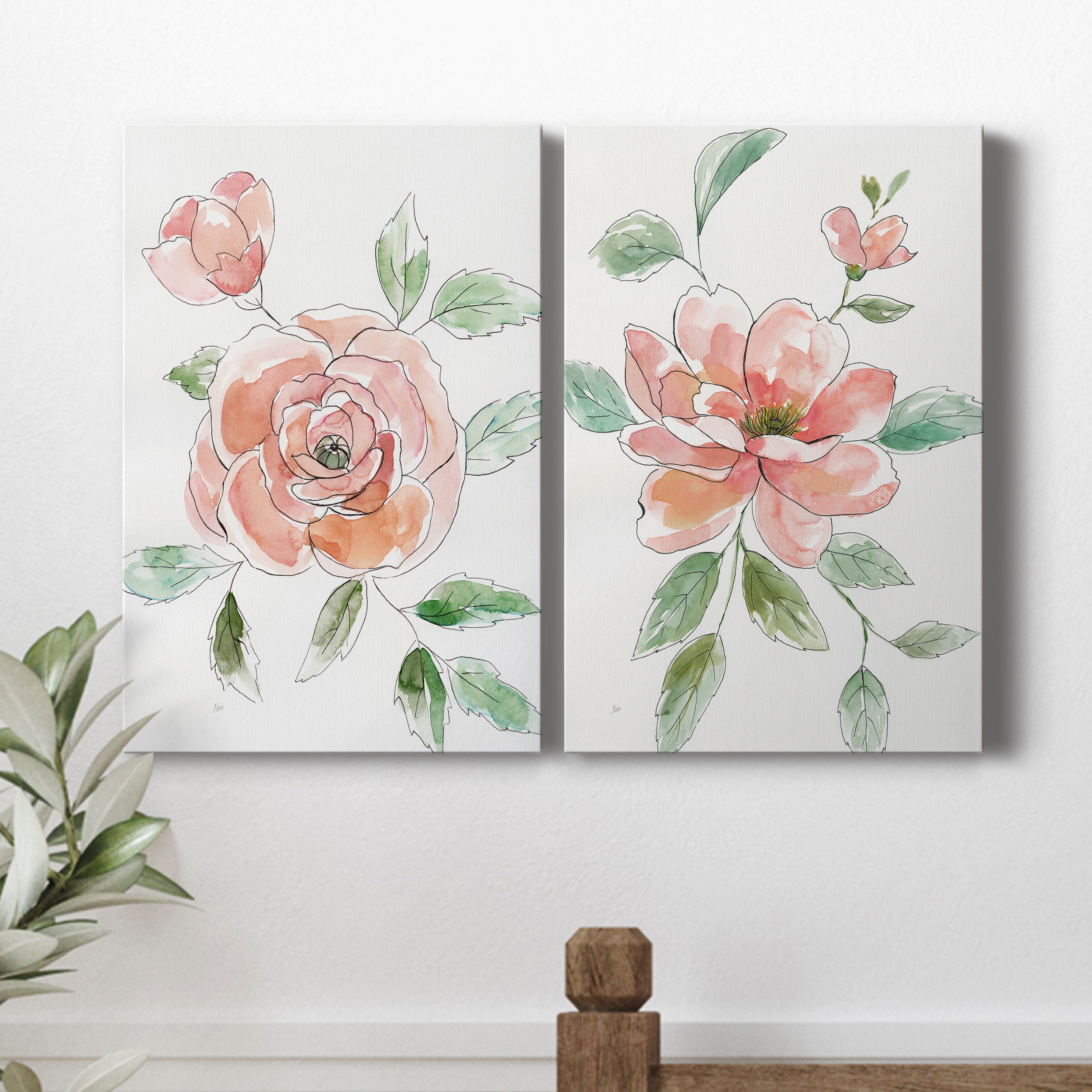 Winston Porter Rose Contour - 2 Piece Wrapped Canvas Painting Set | Wayfair
