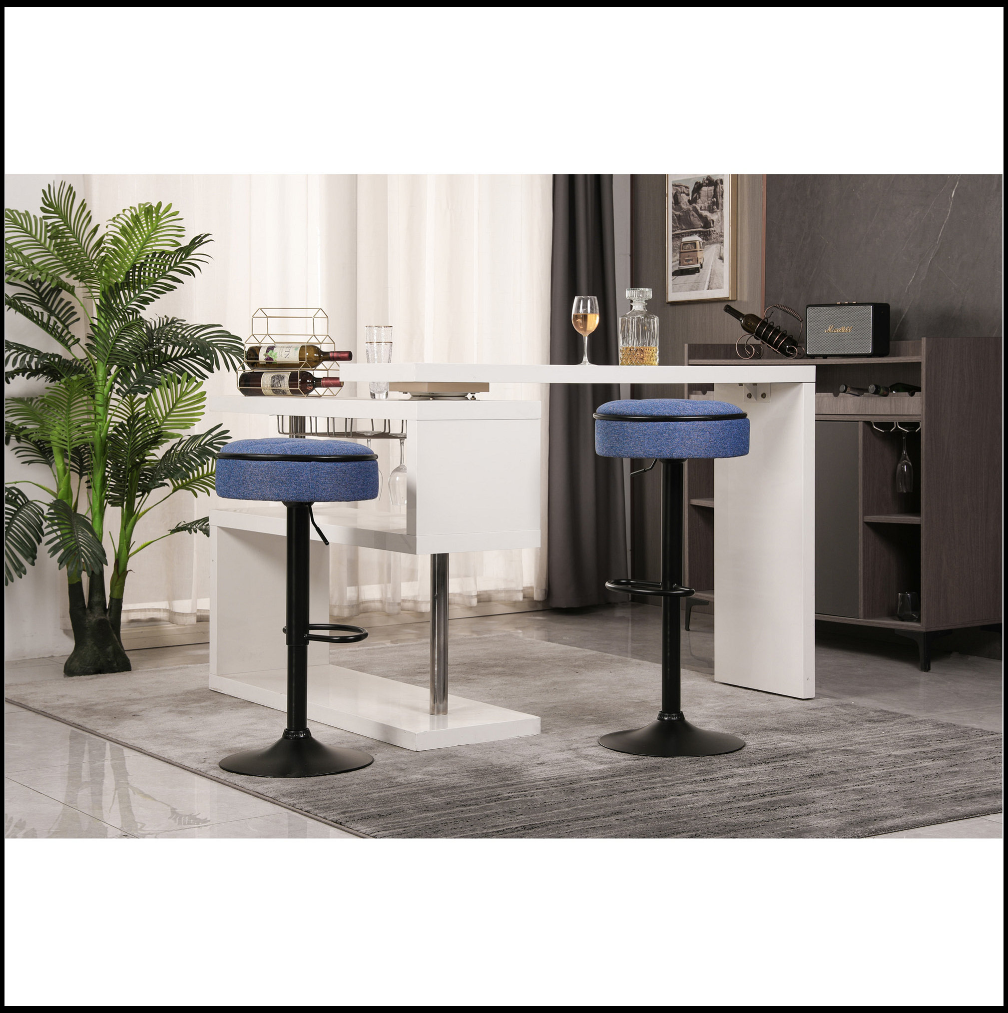 George Oliver Round Storage Bar Stool Set Of 2, Linen Height Adjustable ...