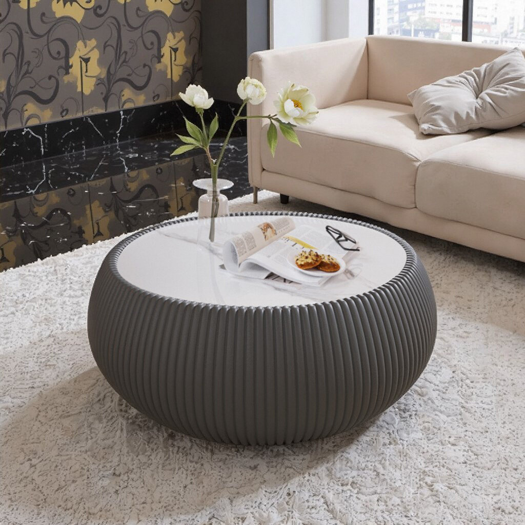 Ivy Bronx Modern Drum Coffee Table with Light Marble Top for Living ...