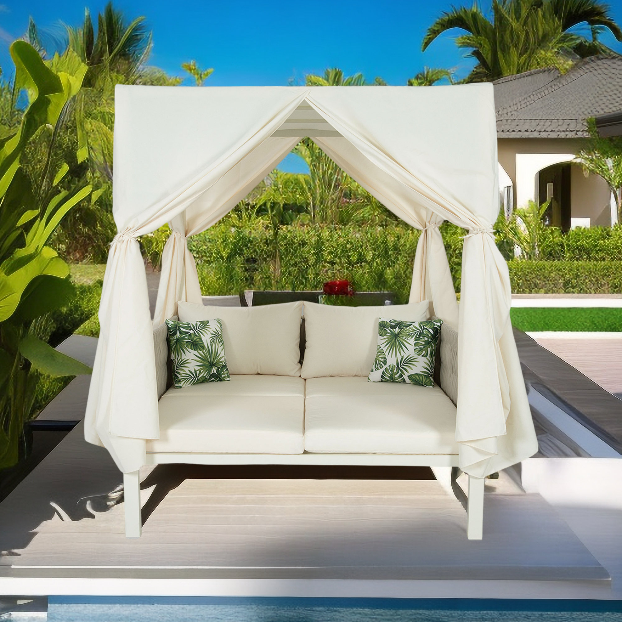 Latitude Run® Outdoor Patio Sunbed With Curtains, High Comfort ...