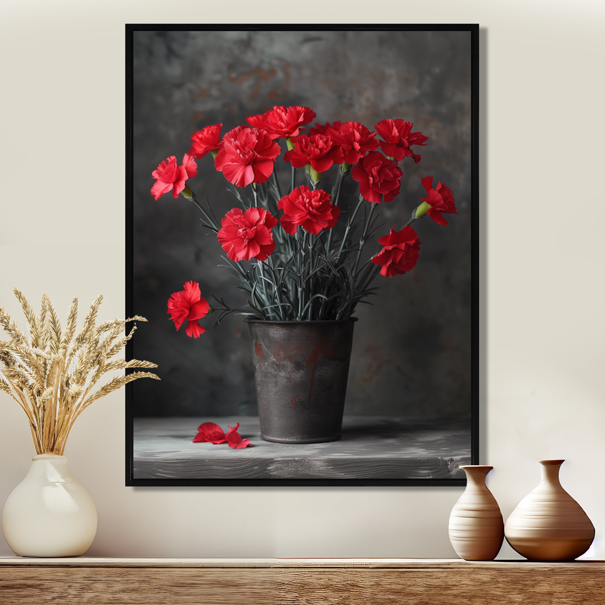 Ebern Designs Monochrome Red Black Vibrant Potted Carnations II ...