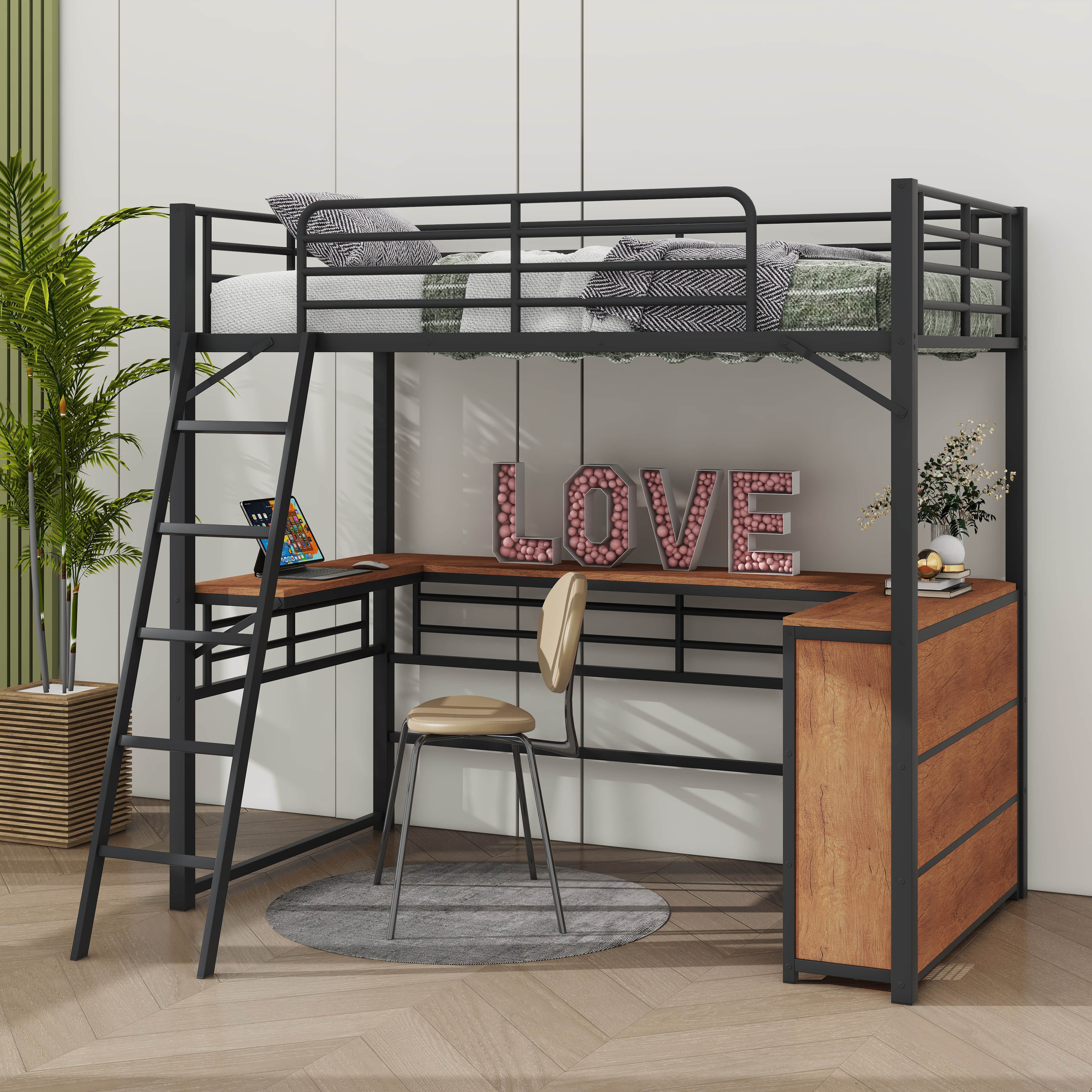 Isabelle & Max™ A Metal Loft Bed Equipped With 3 Tier Shelving And An L ...