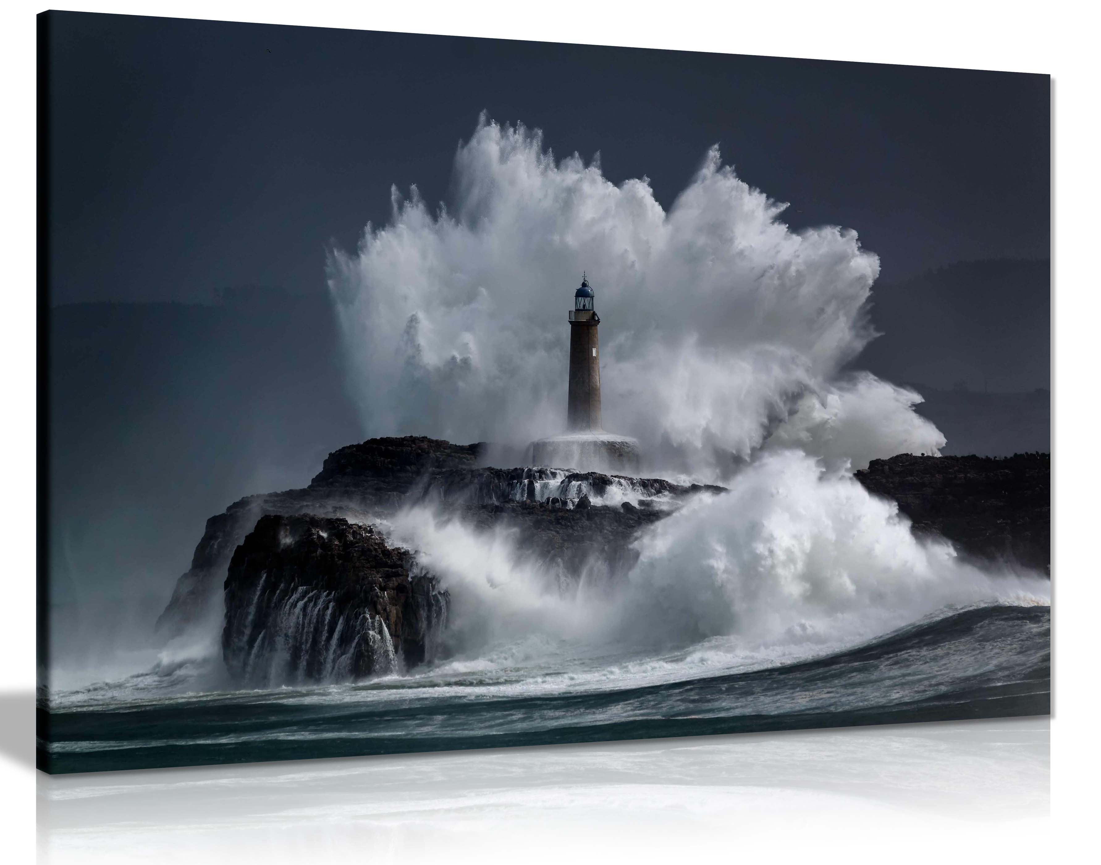 Panther Print Old Lighthouse and Sea Wave Splash at Night - Wrapped ...