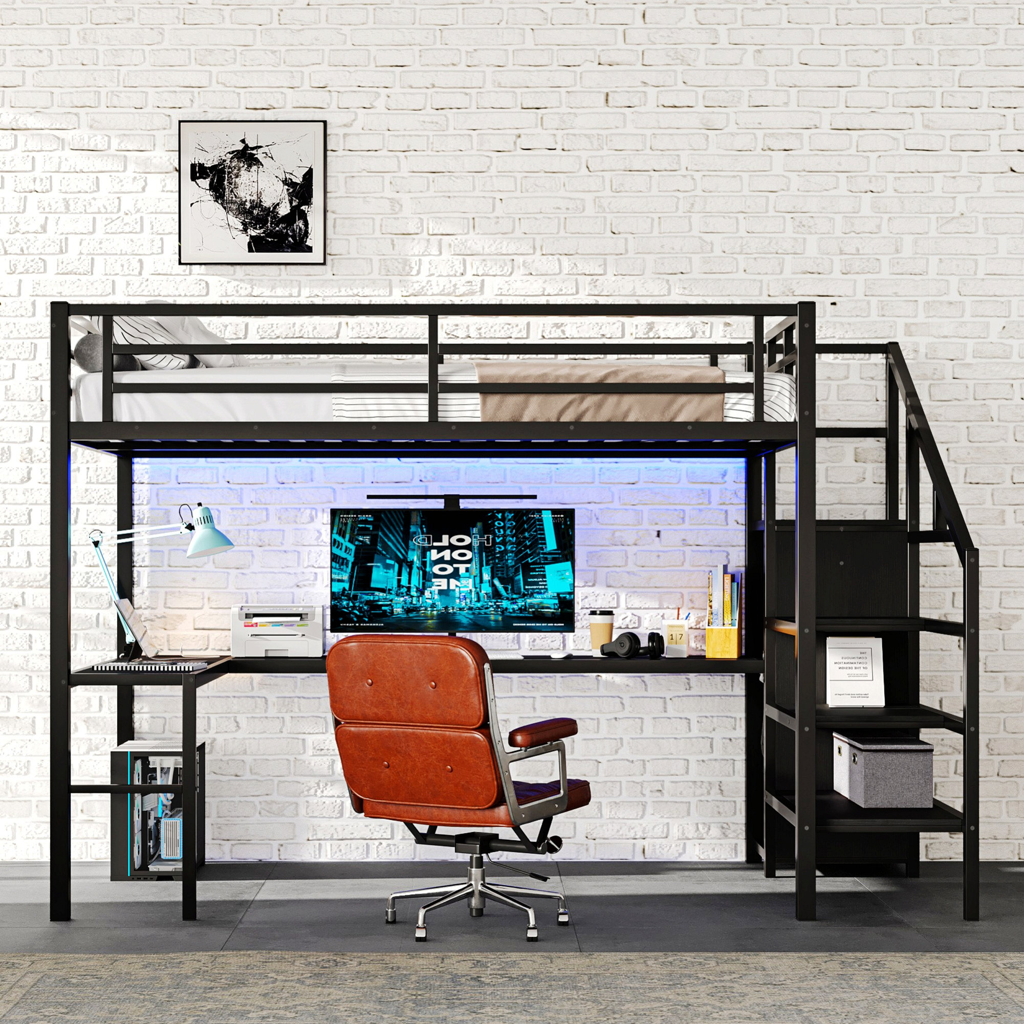 Latitude Run® Loft Bed With L-Shaped Desk, Metal Loft Bed With Wardrobe ...