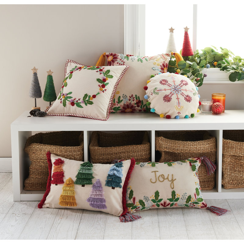 Mistletoe and Co. Boho Holiday Wreath Embroidered Pillow | Wayfair