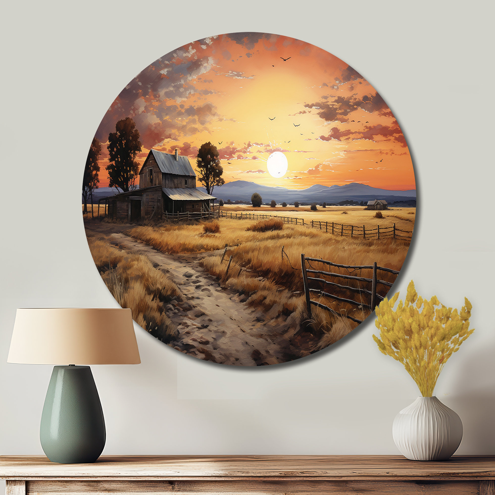 August Grove® Barn Scenery At Dusk IV - Architecture Round Metal Wall ...