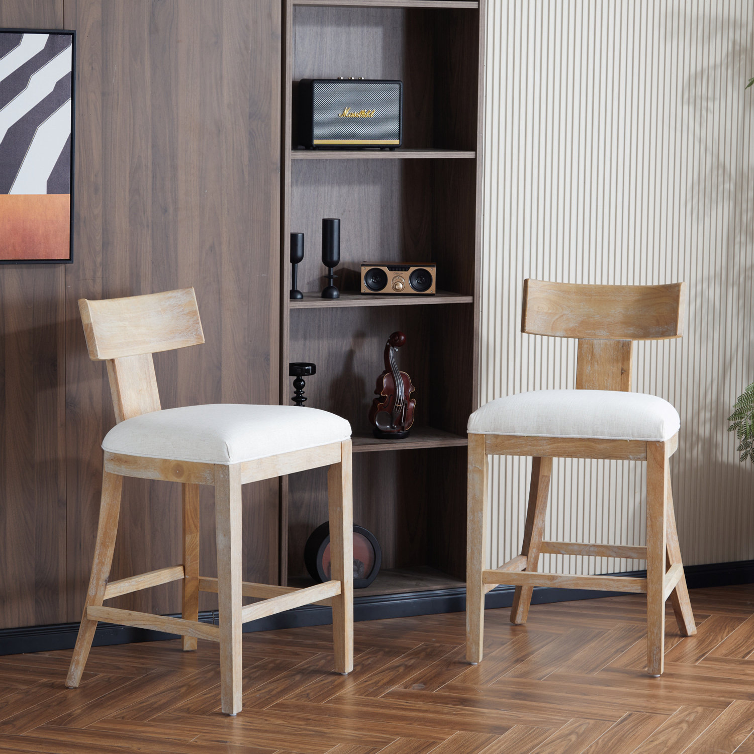 One Allium Way Wood Frame Armless Stools Set of 2 with footrest ...