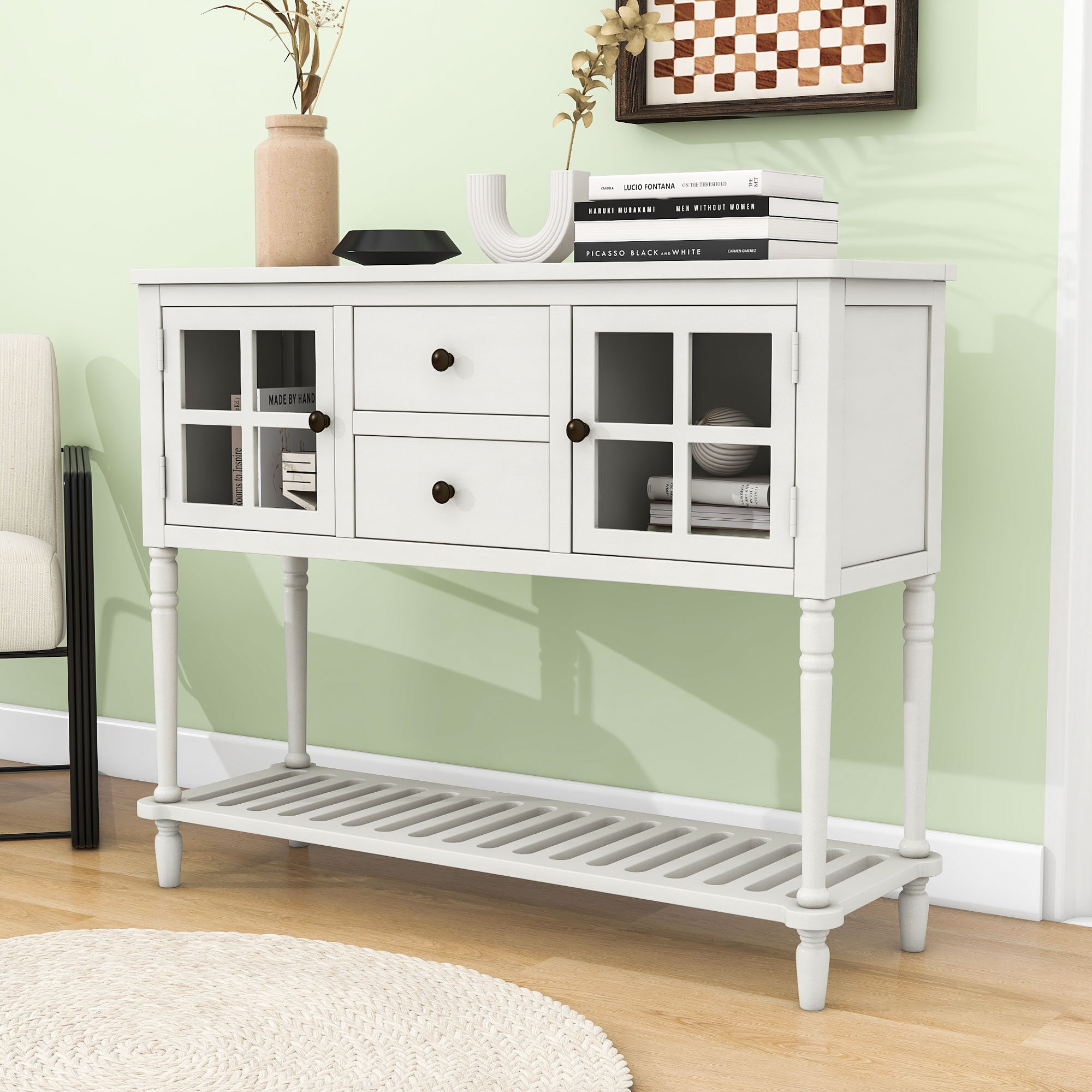 Alcott Hill® Farmhouse Sideboard Console Table with Glass Cabinets ...