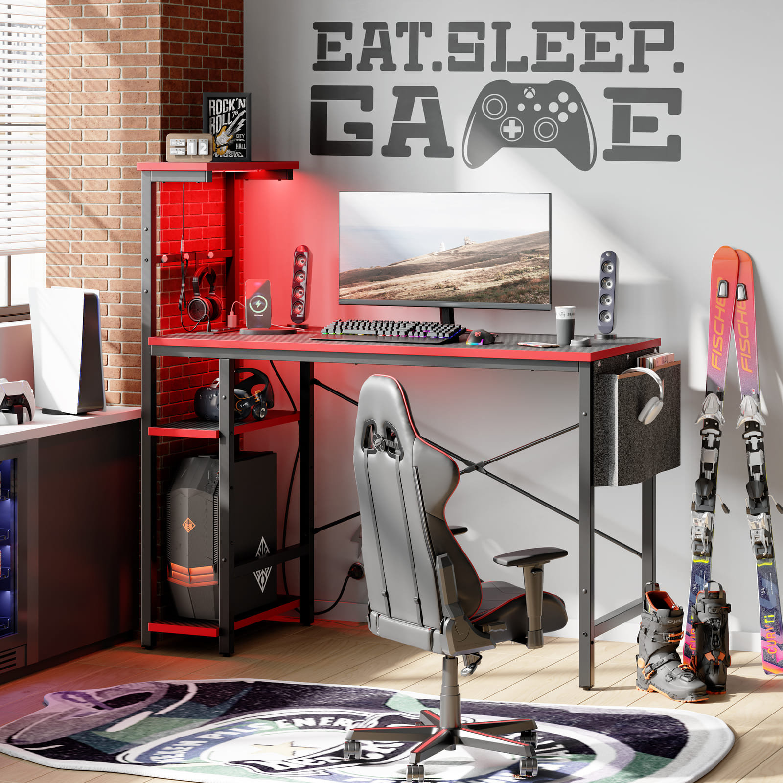 17 Stories Johnothan LED Gaming Desk with Power Outlet,Computer Desk ...