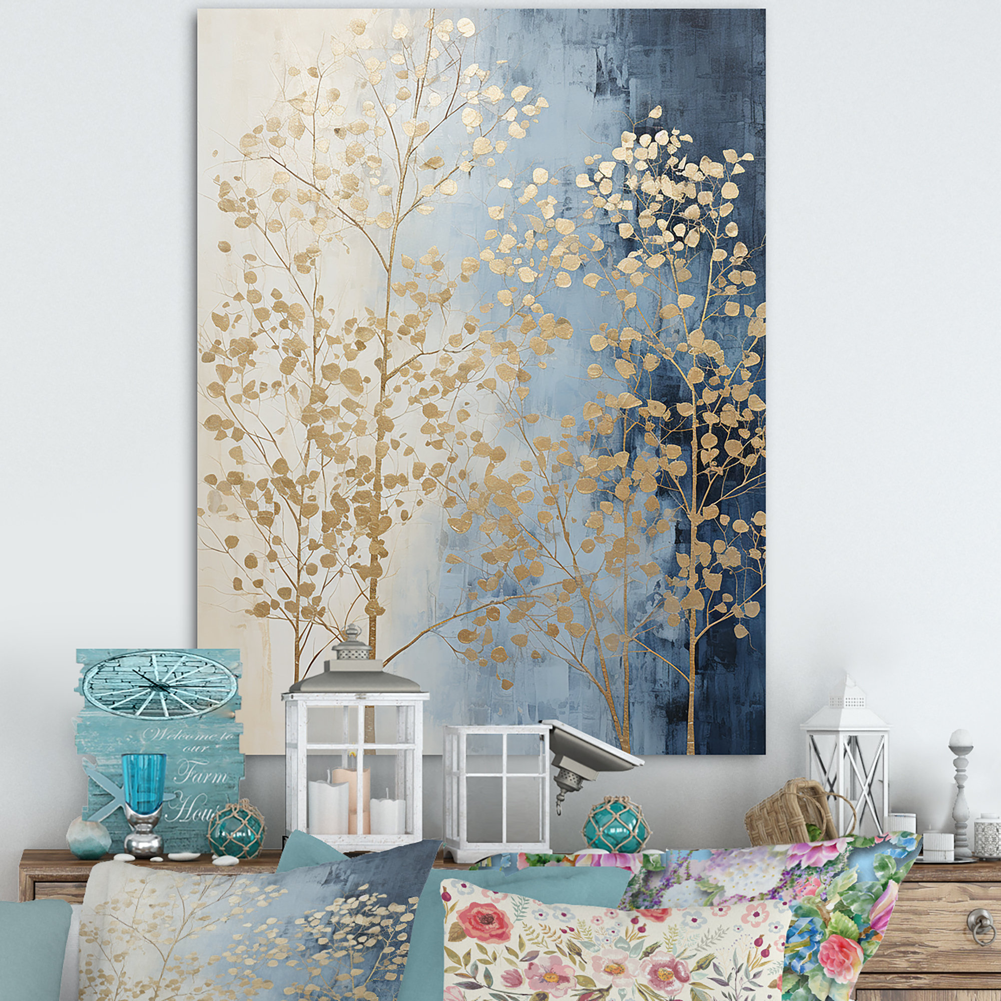 Winston Porter Minimalism Beige And Blue Trees Harmony - Tree Canvas ...