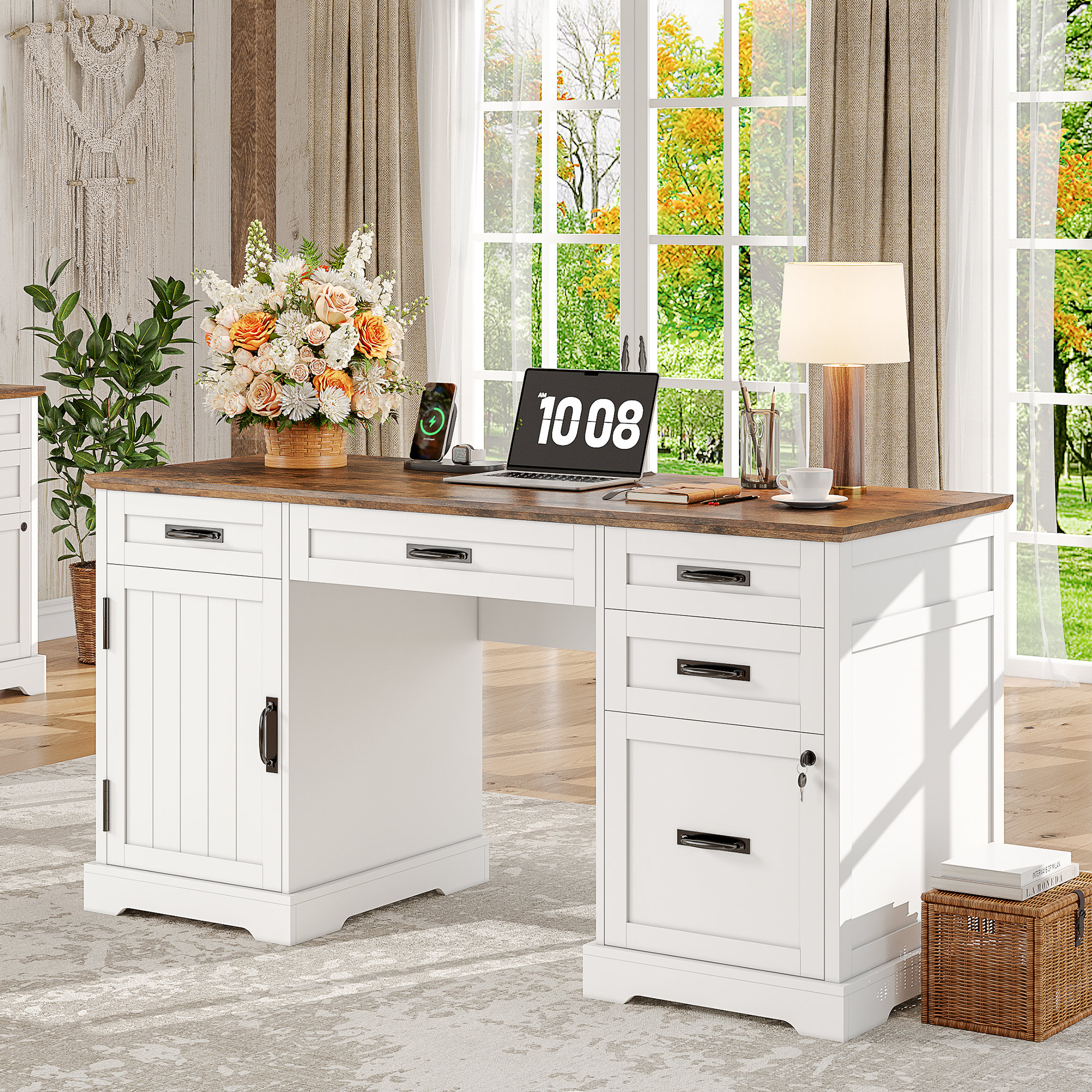 August Grove® Clabe 55'' Farmhouse Executive Desk with Drawers, File ...