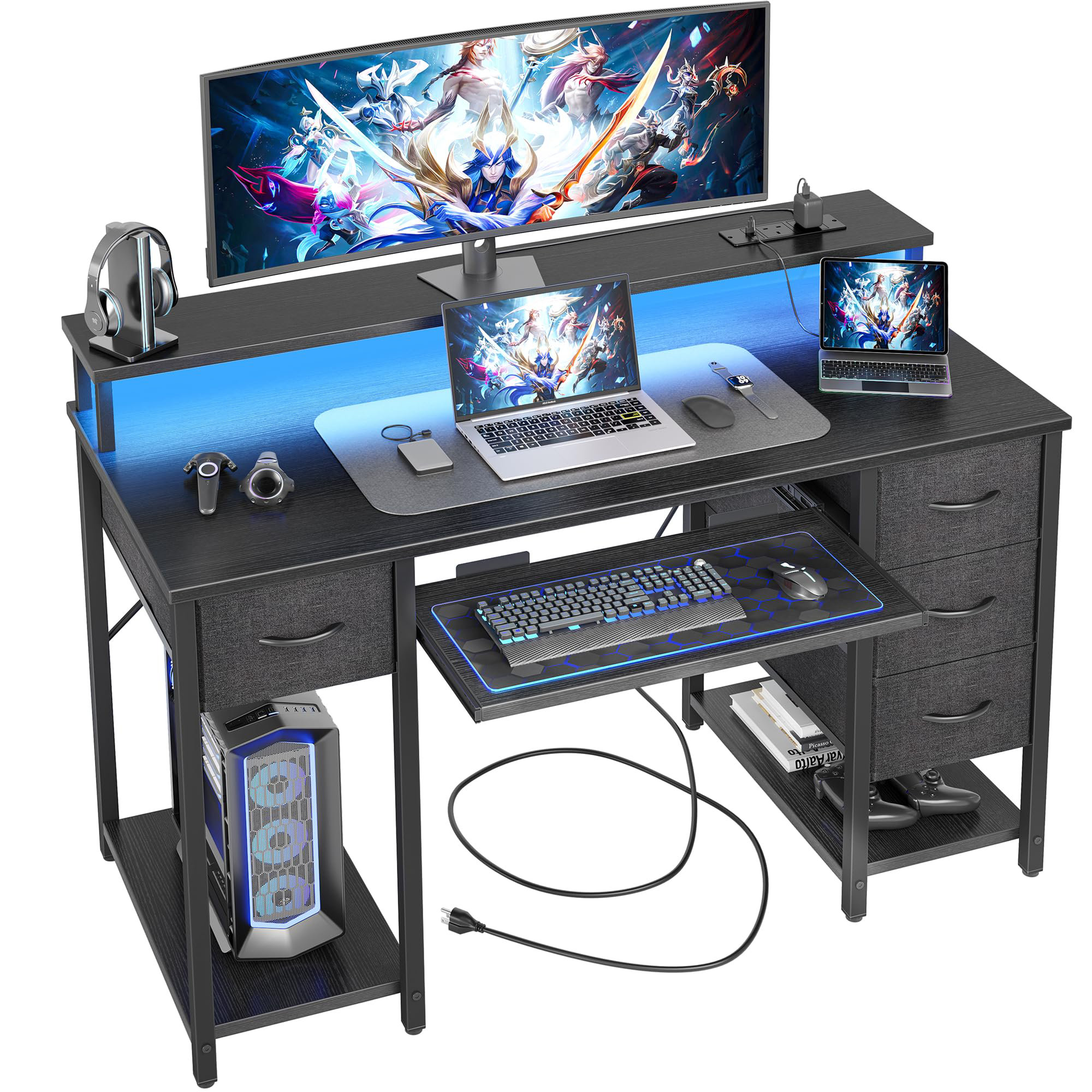 17 Stories Computer Desk With Drawers And Power Outlets, 47 Inch Gaming ...