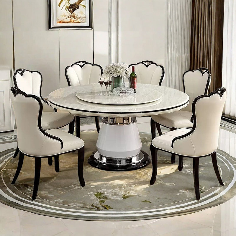 ALLNICEDT Simple White Faux Marble Round Dining Table Set | Wayfair