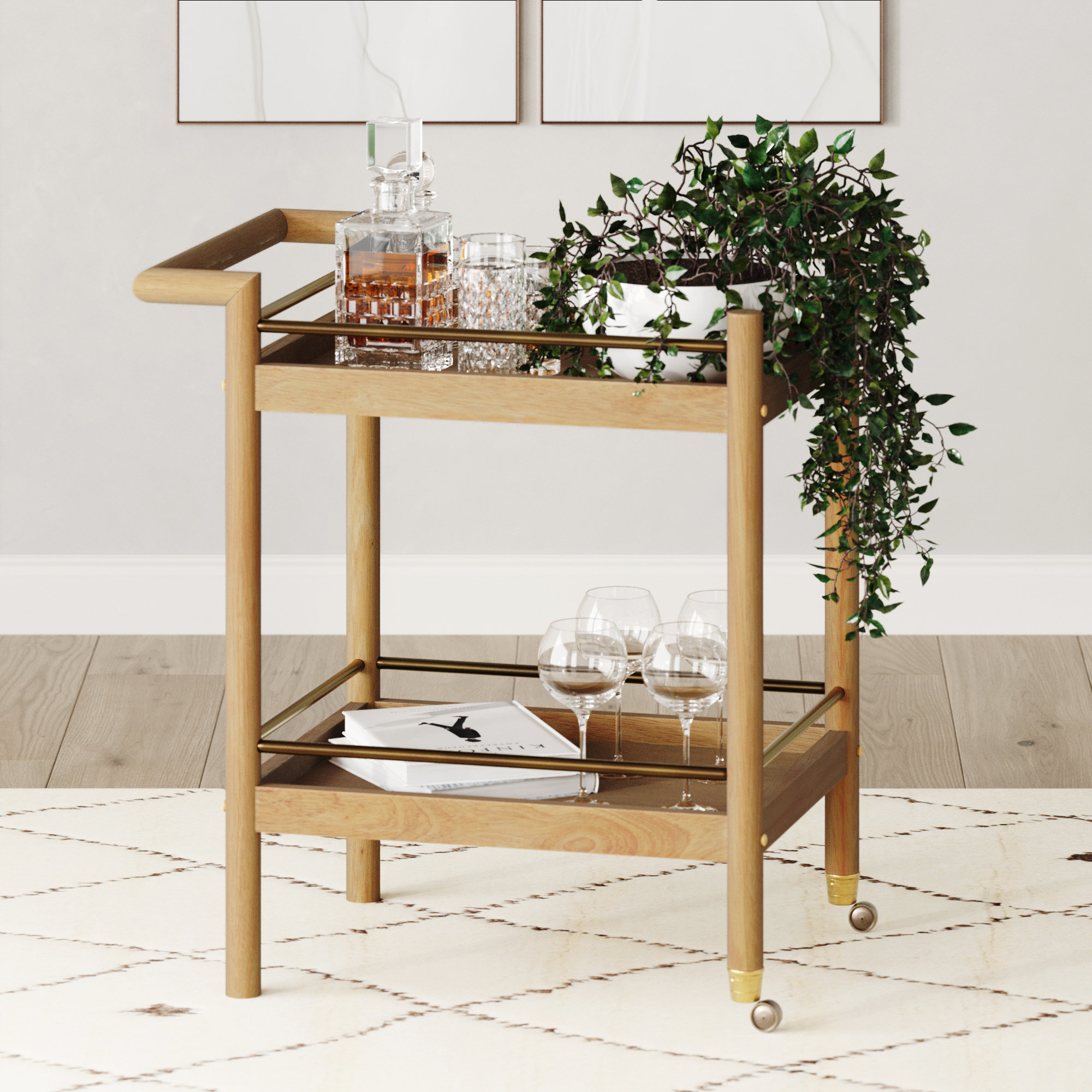 Latitude Run® Solid Wood Serving Bar Cart With Wheels And Guard Rails ... Latitude Run® Solid Wood Serving Bar Cart With Wheels And Guard Rails ...