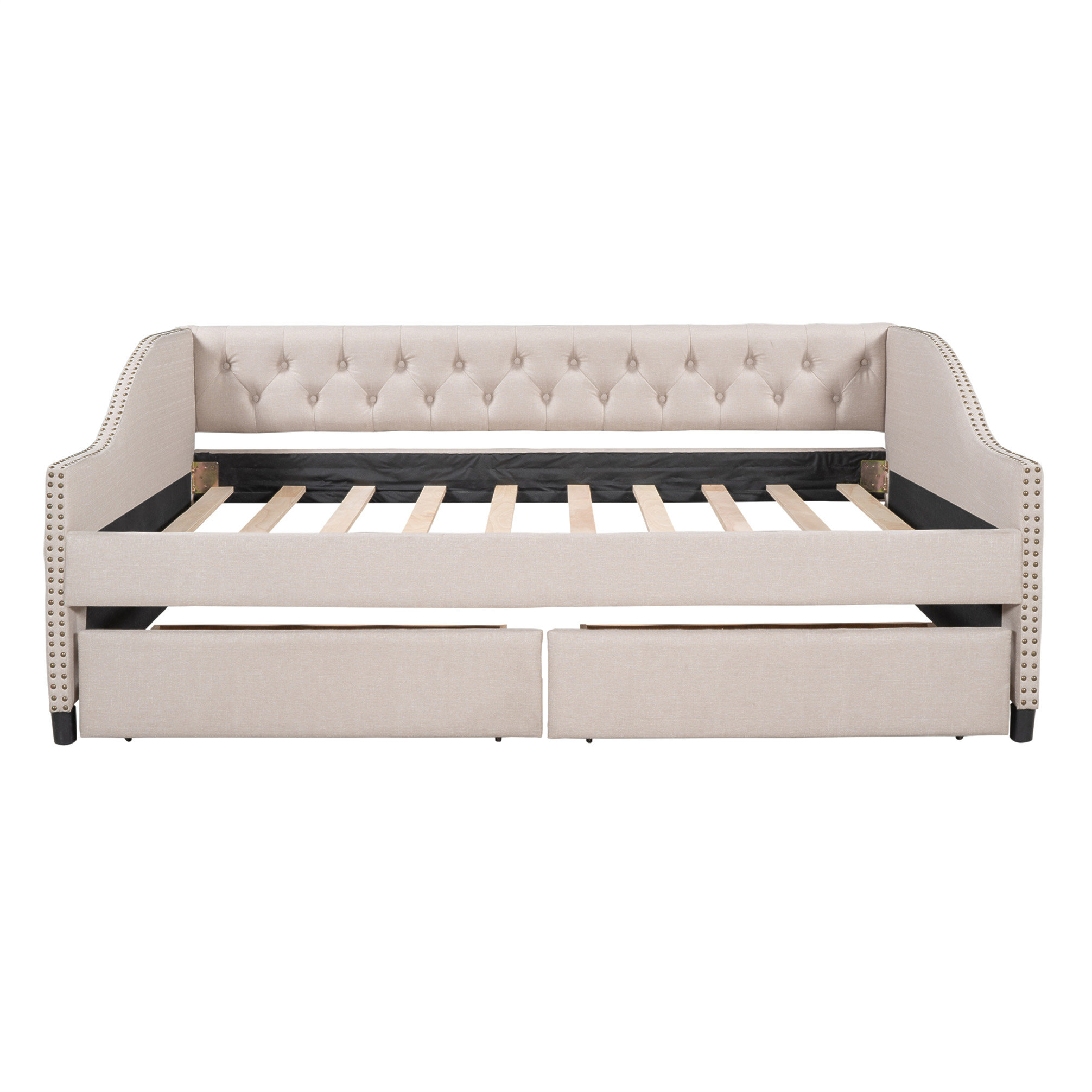 STYLISH Upholstered Daybed With Two Drawers, Wood Slat Support, Full ...