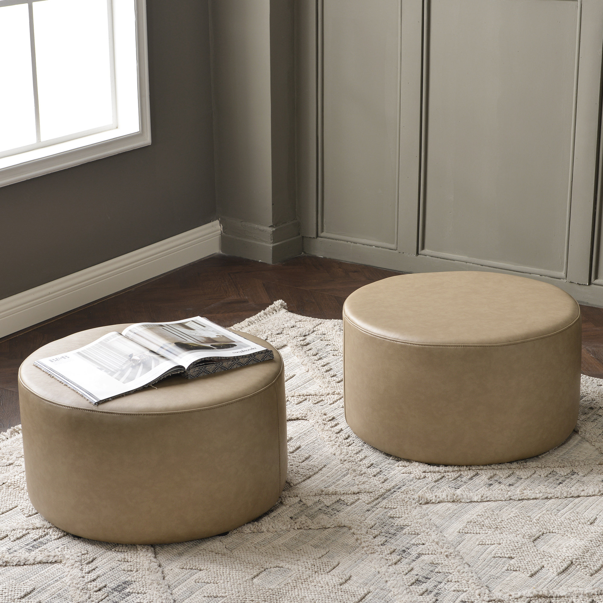 Latitude Run® 24" Wide Faux Leather Round Upholstered Ottoman Set of 2 ...