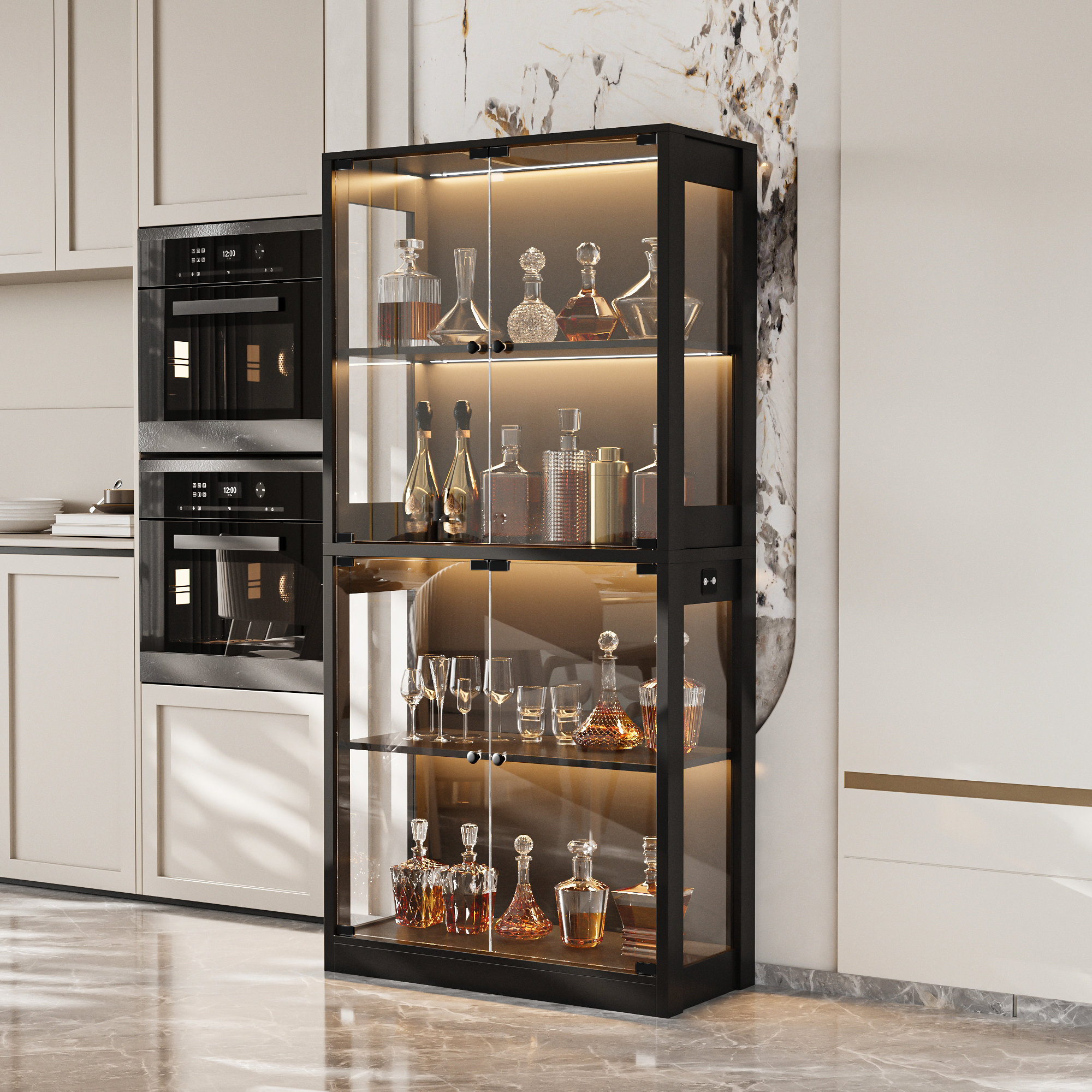 Metro Lane Black Modern Display Cabinet With Glass Doors, 4-tier ...