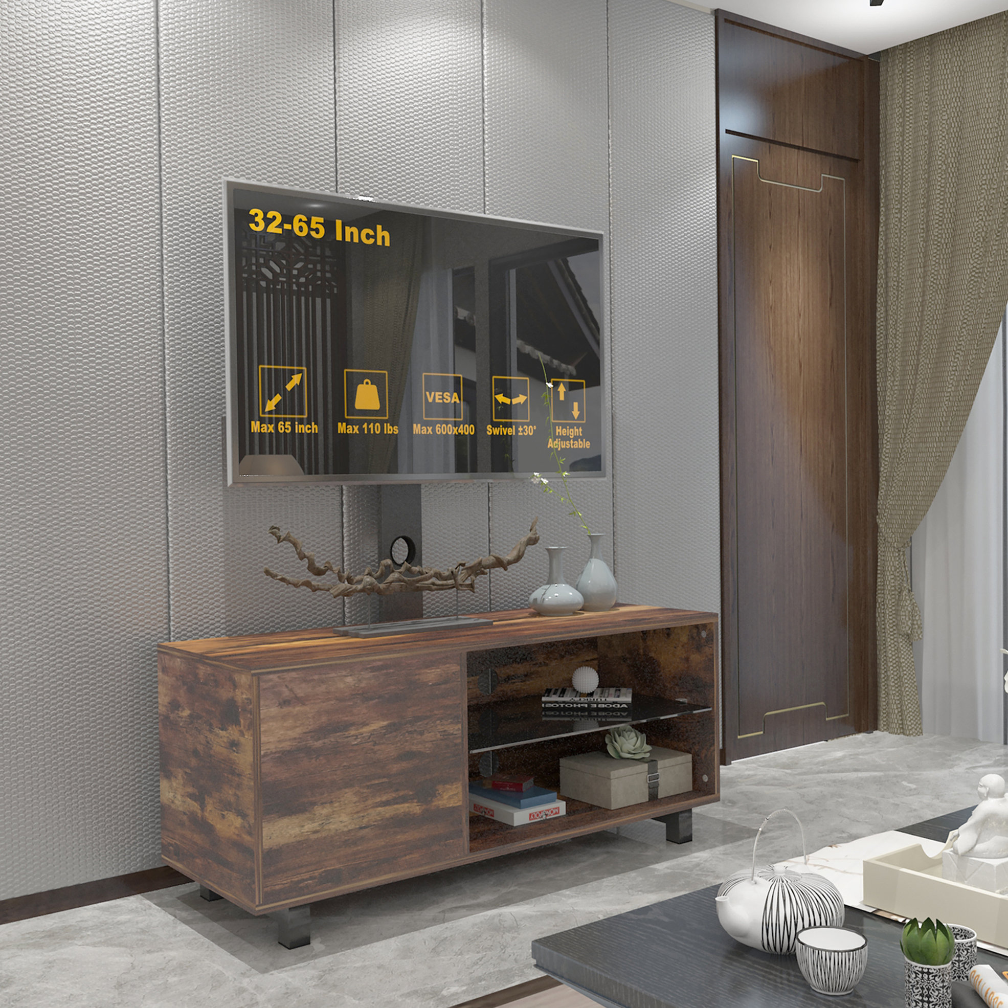 17 Stories Rustic Brown TV Console with push-to-open Storage Cabinet ...