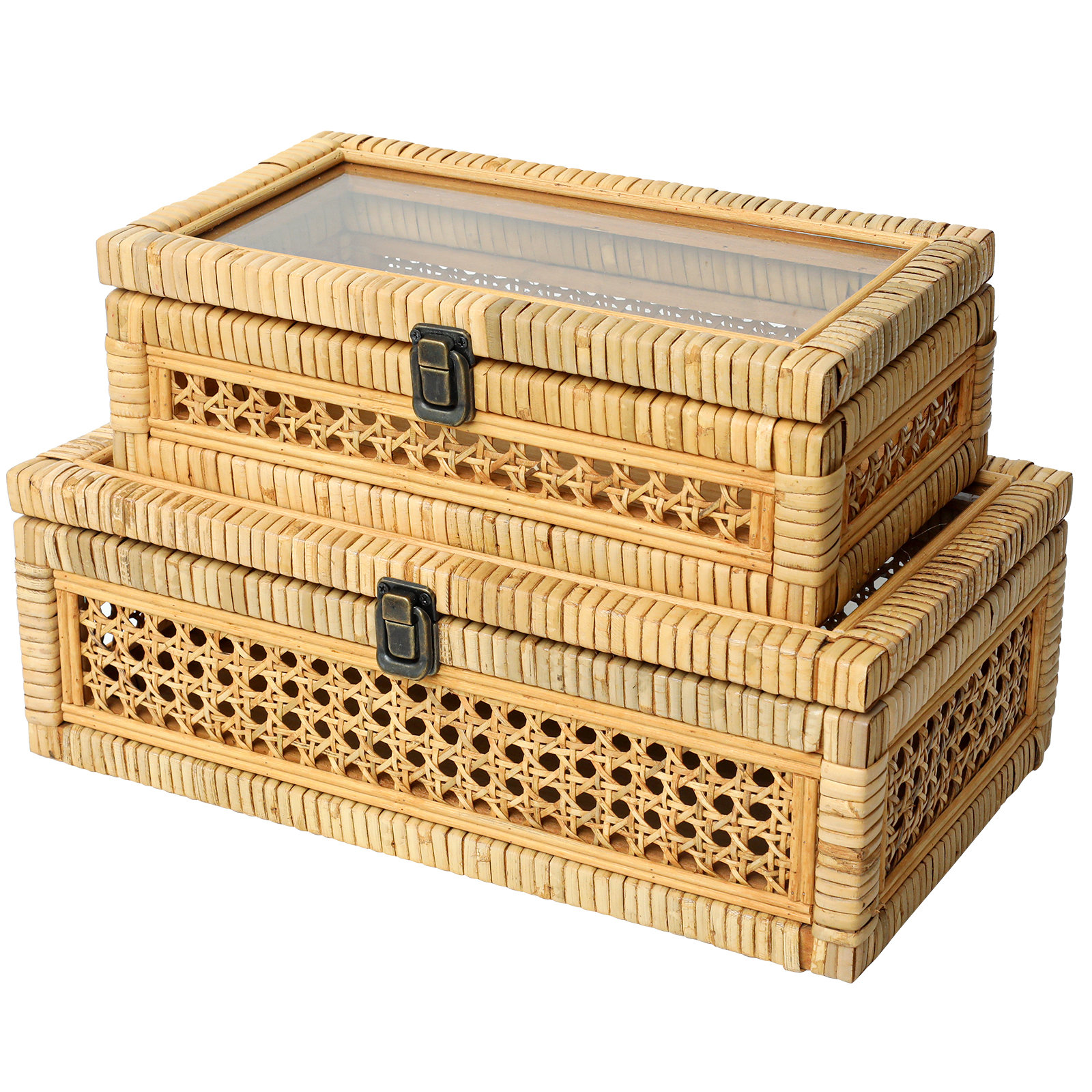 Bay Isle Home™ Rattan Decorative Boxes With Glass Top, Set Of 2 ...