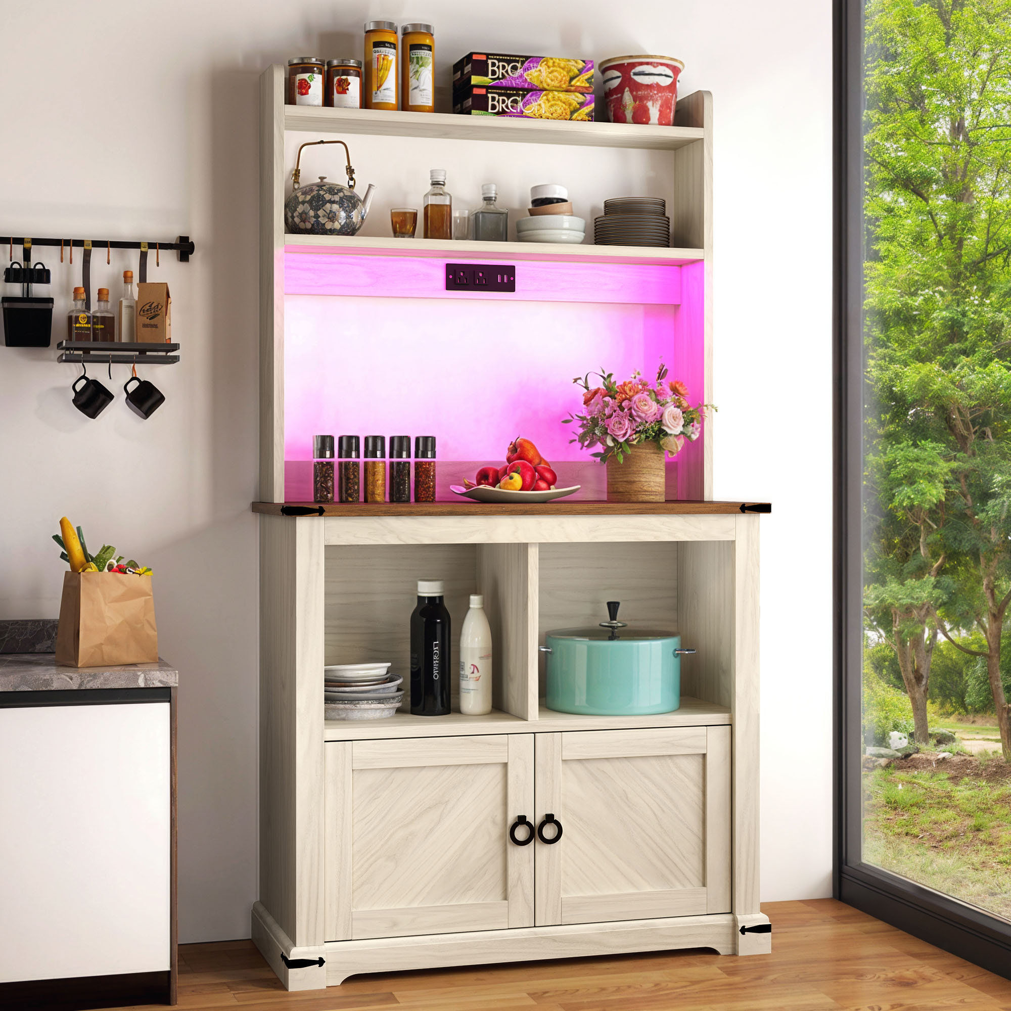 Gracie Oaks Moreau Kitchen Pantry With Charge Station, LED Light ...