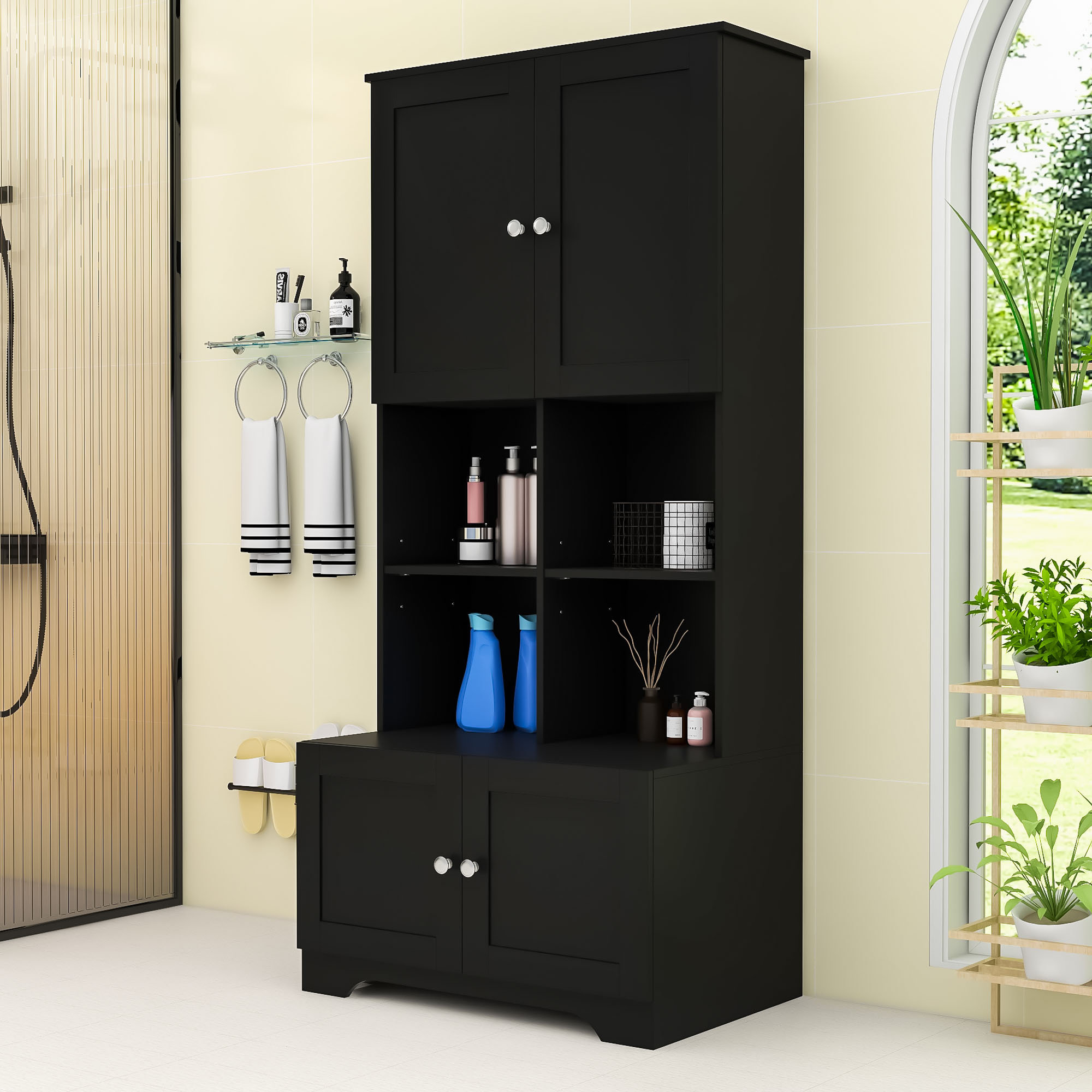 Red Barrel Studio® Immogene Wooden Freestanding Bathroom Cabinet with 4 Doors and Adjustable ...