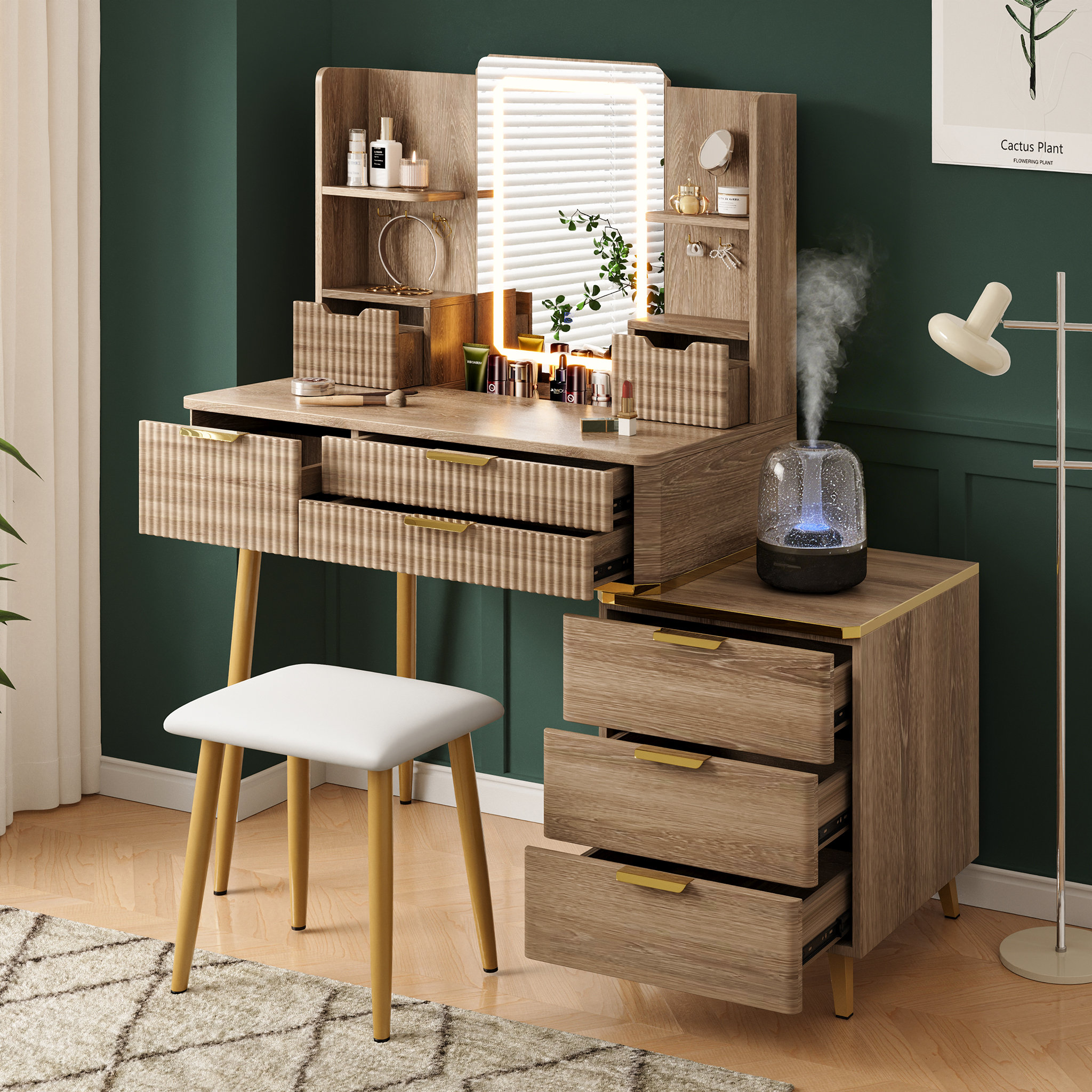 Latitude Run® 46" Makeup Vanity Desk With Lighted Mirror, 7 Drawer ,PU ...