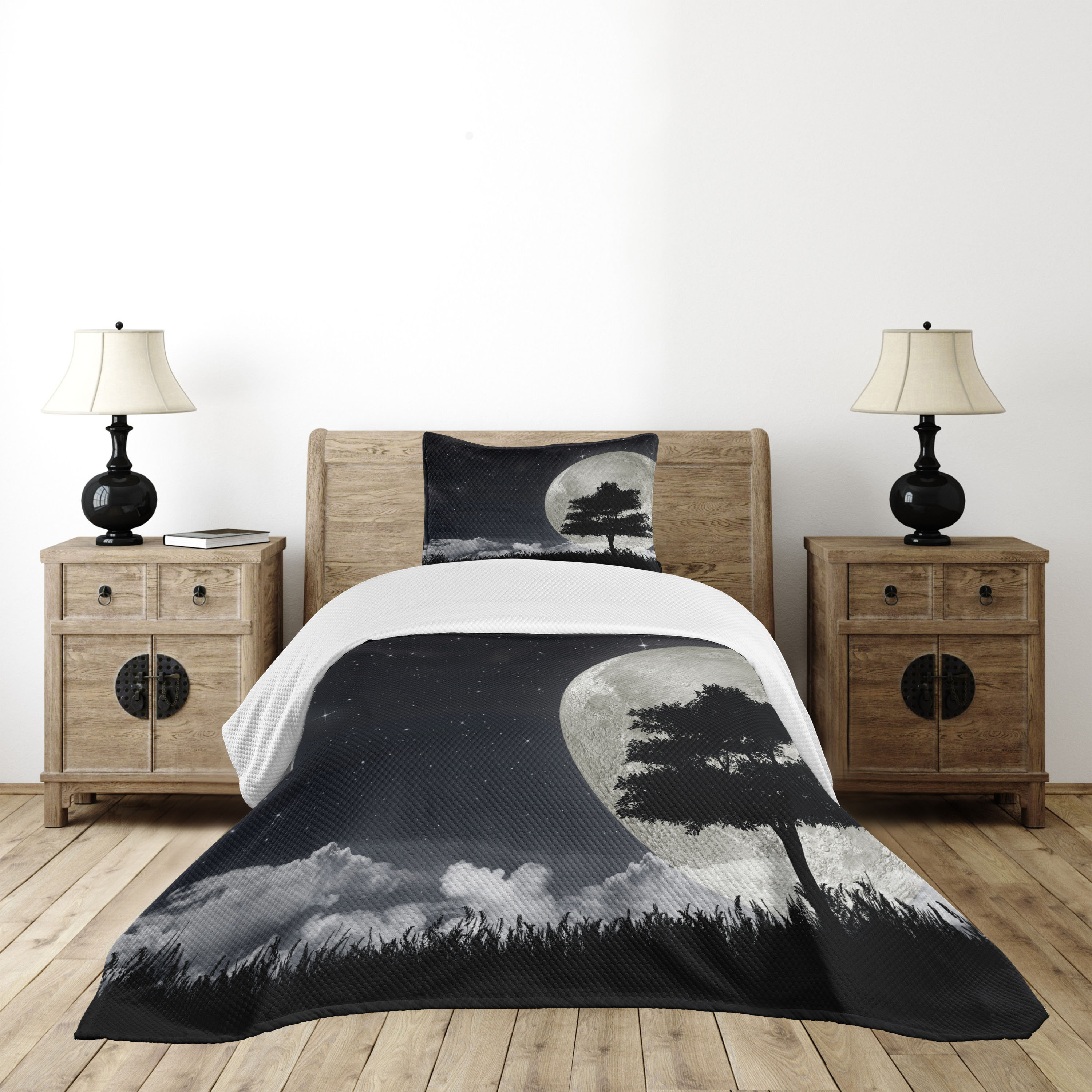 Ambesonne Night Bedspread Set Giant Moon Tree Grey Black Charcoal Grey ...