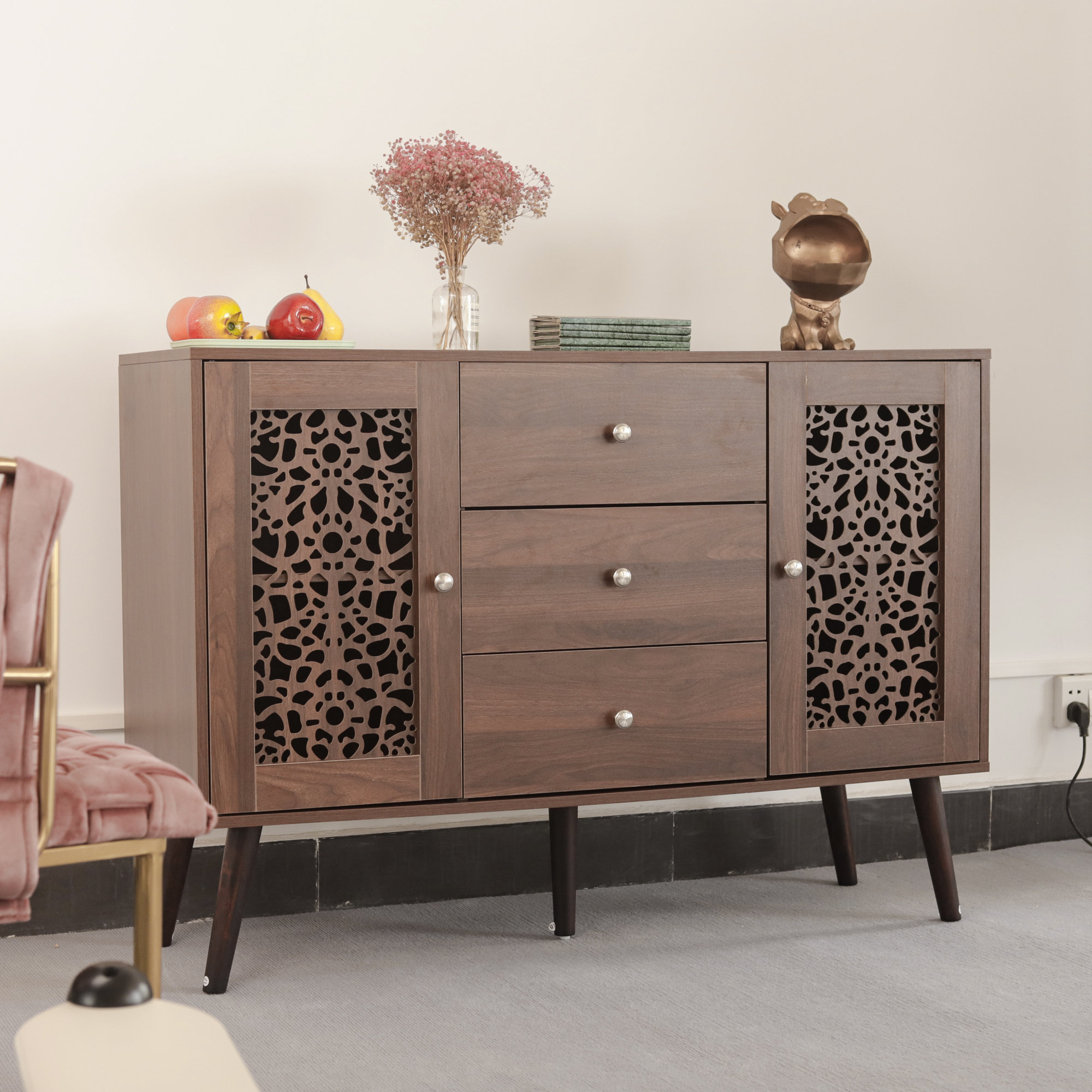 George Oliver Retro Hollow-carved Accent Cabinet With 3 Drawers and 2 ...