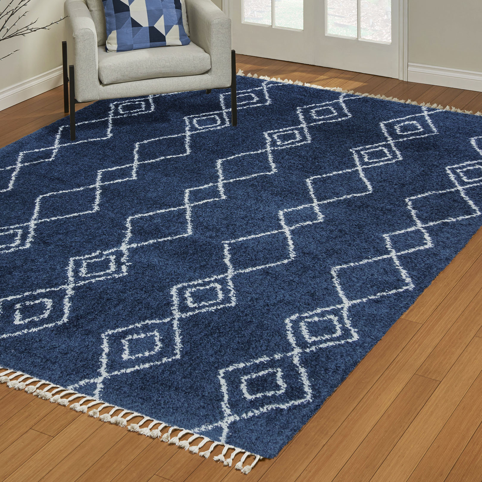 Gertmenian Dasha Navy Blue/Ivory Modern Tribal Bohemian Plush Shag Area ...