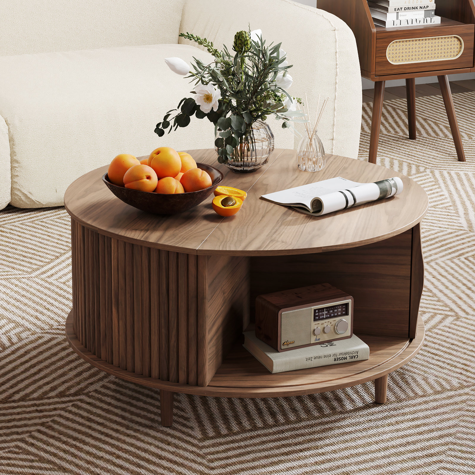 Millwood Pines Mid Century Modern Round Coffee Table With Storage ...