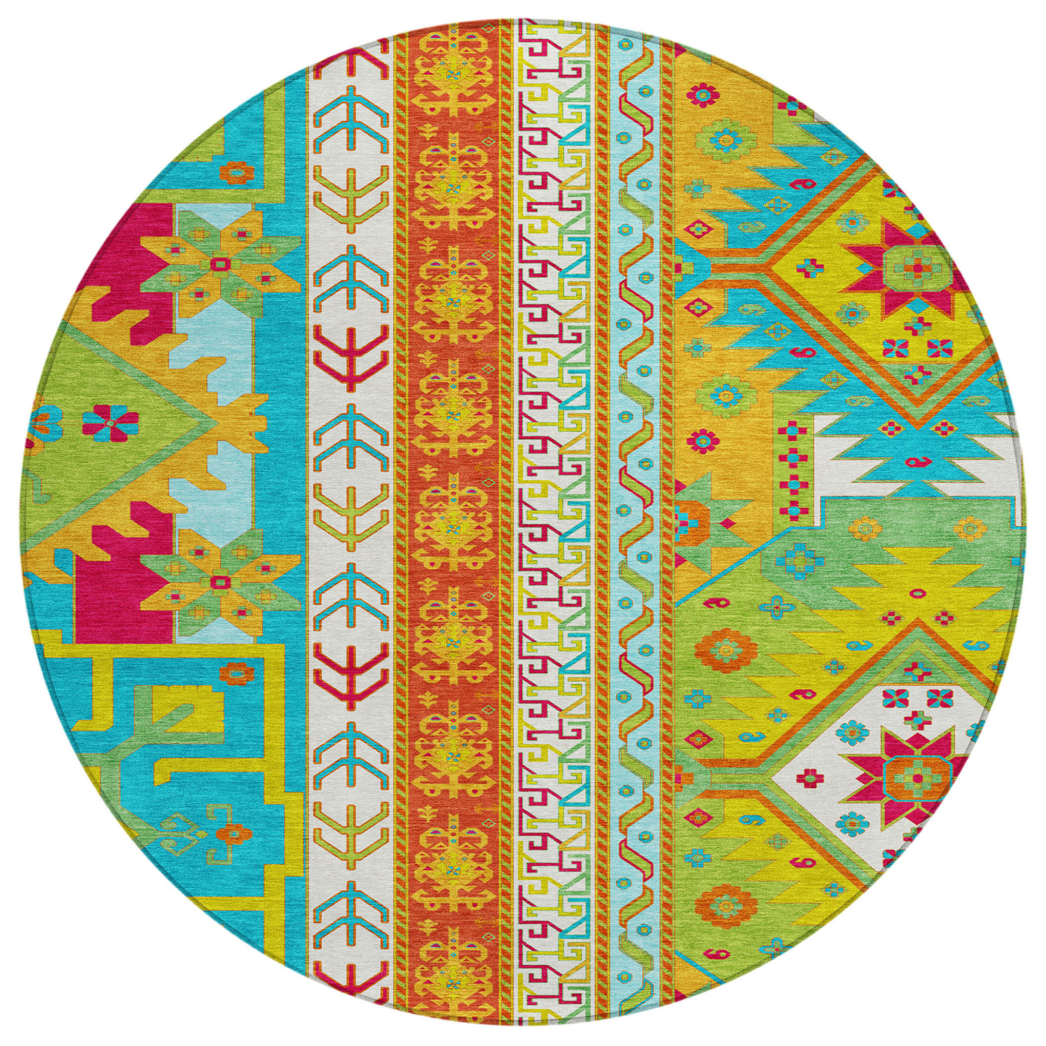 HomeRoots 8' Teal Blue Round Aztec Washable Indoor Outdoor Area Rug ...