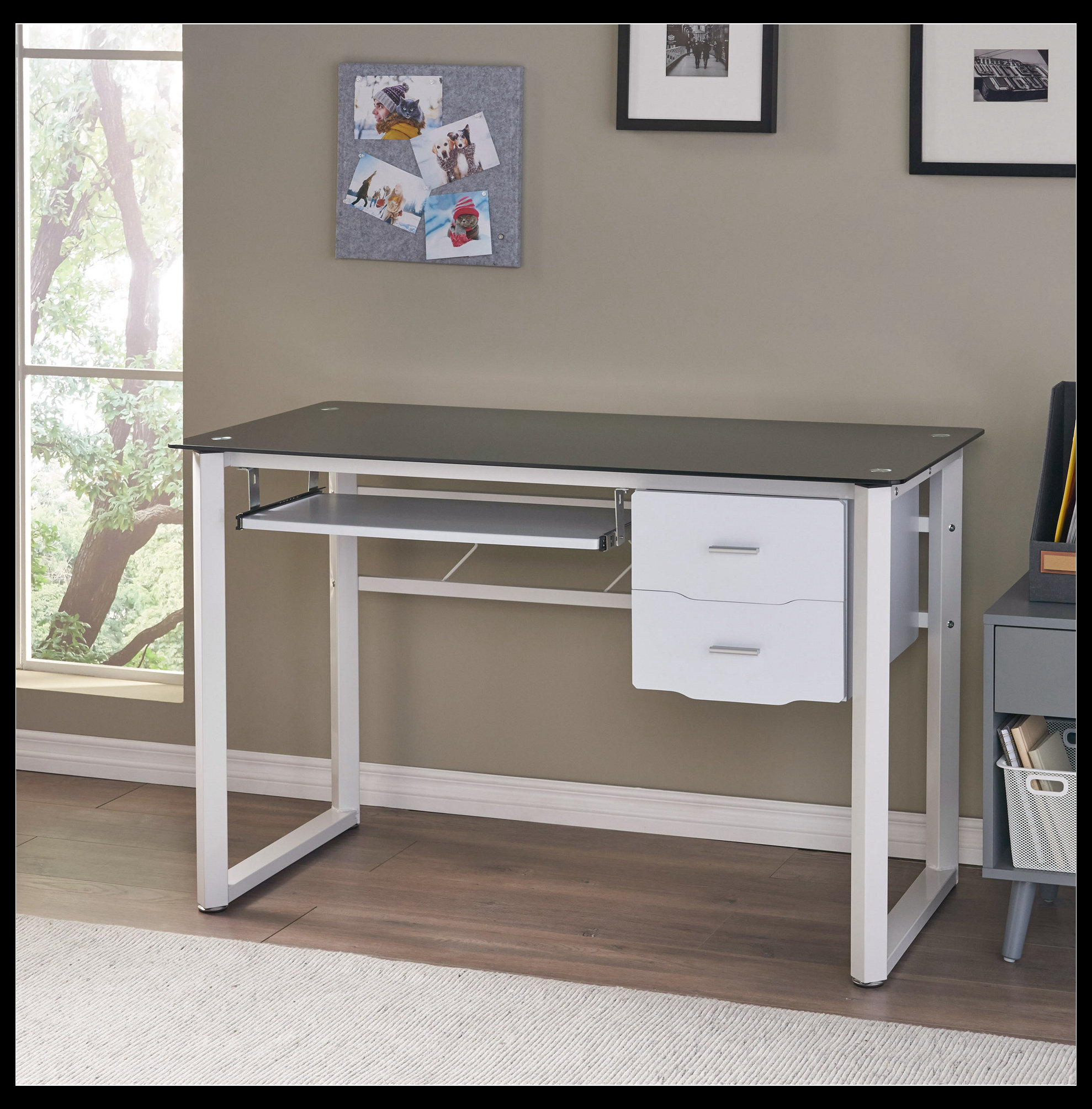 Ebern Designs Whitnash Glass Top Metal Base Computer Desk | Wayfair
