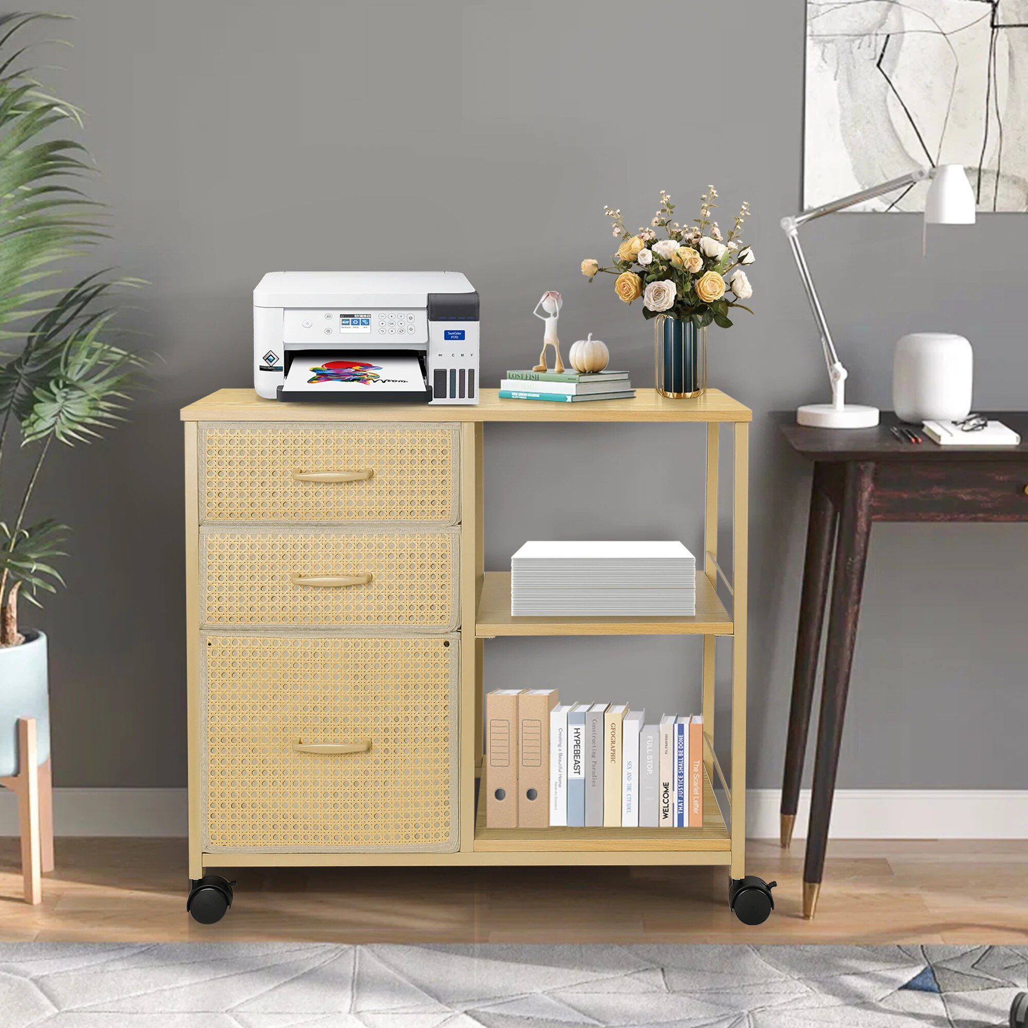 Mercer41 3 Drawer Boho Rattan Filing Cabinet with Open Storage Shelf ...