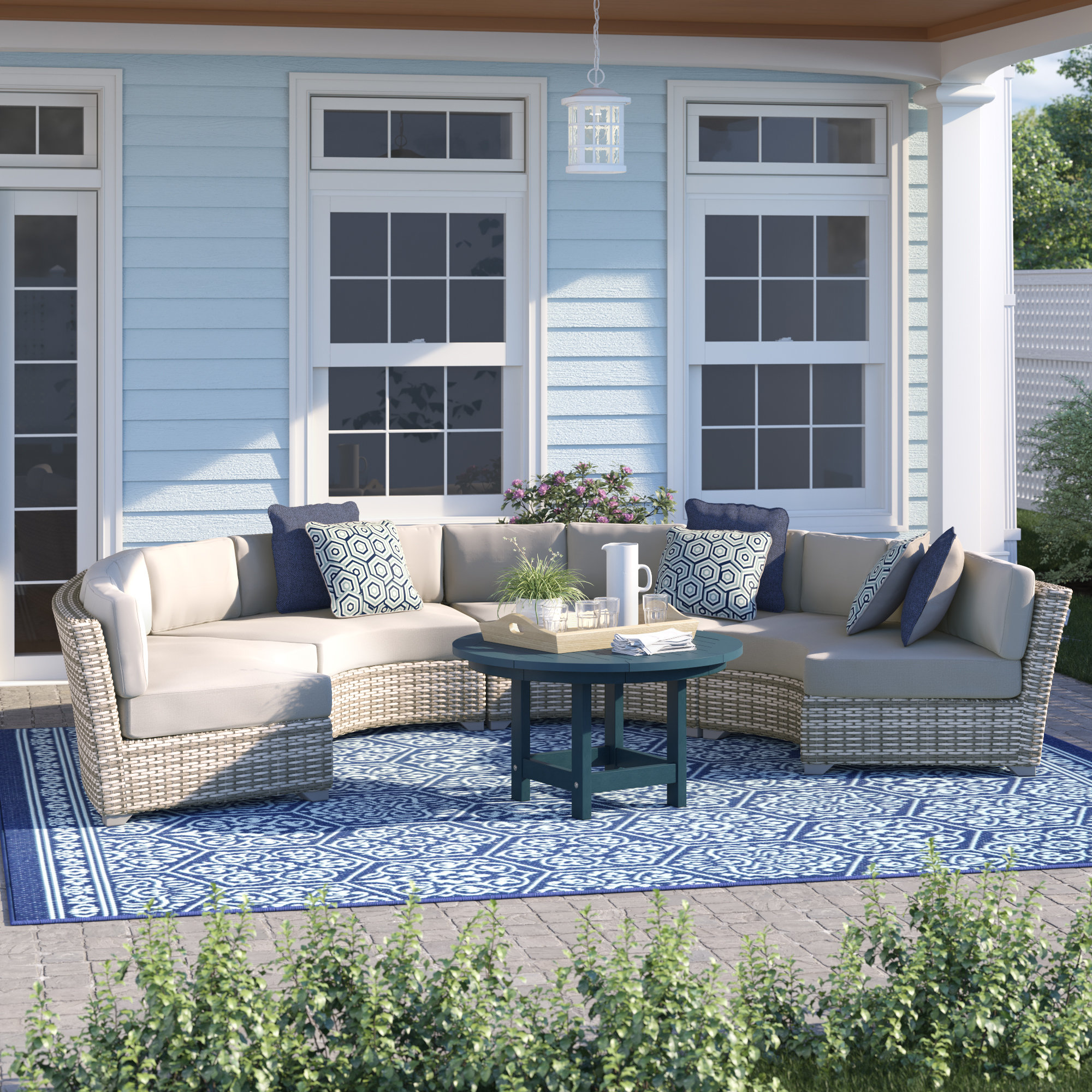 Lark Manor Ambroselli 122" Wide Outdoor Wicker Patio Sofa with Cushions ...