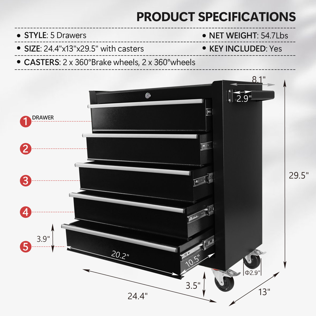 WFX Utility™ 5 Drawers Rolling Tool Chest with Wheels, Portable Rolling ...