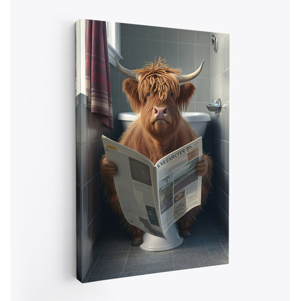 Happy Larry Highland Cow Reading Paper On Toilet - Print | Wayfair.co.uk