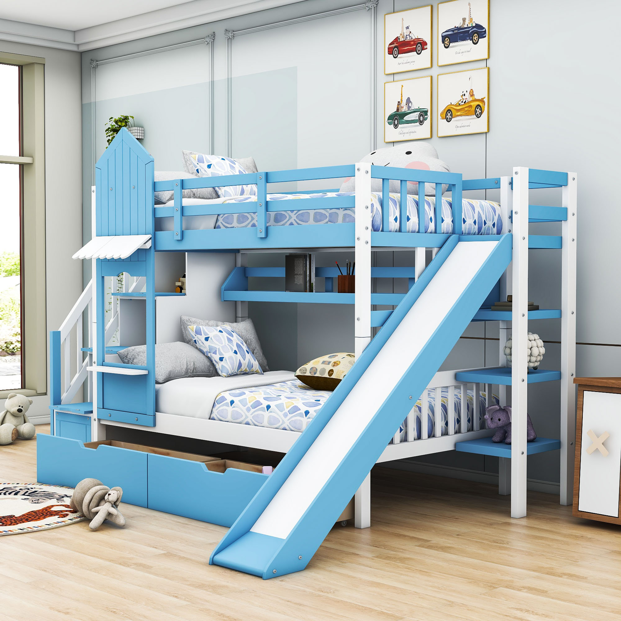 Harper Orchard Leedey Castle Style Wood Bunk Bed with 2 Drawers 3 Shelves and Slide by Harper ...