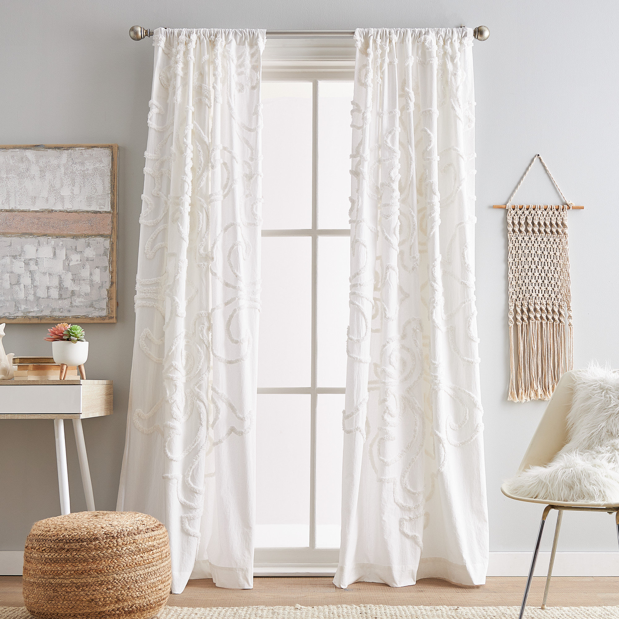 Peri Home Gates Tufted Chenille Rod Pocket Curtain Panel Pair White ...