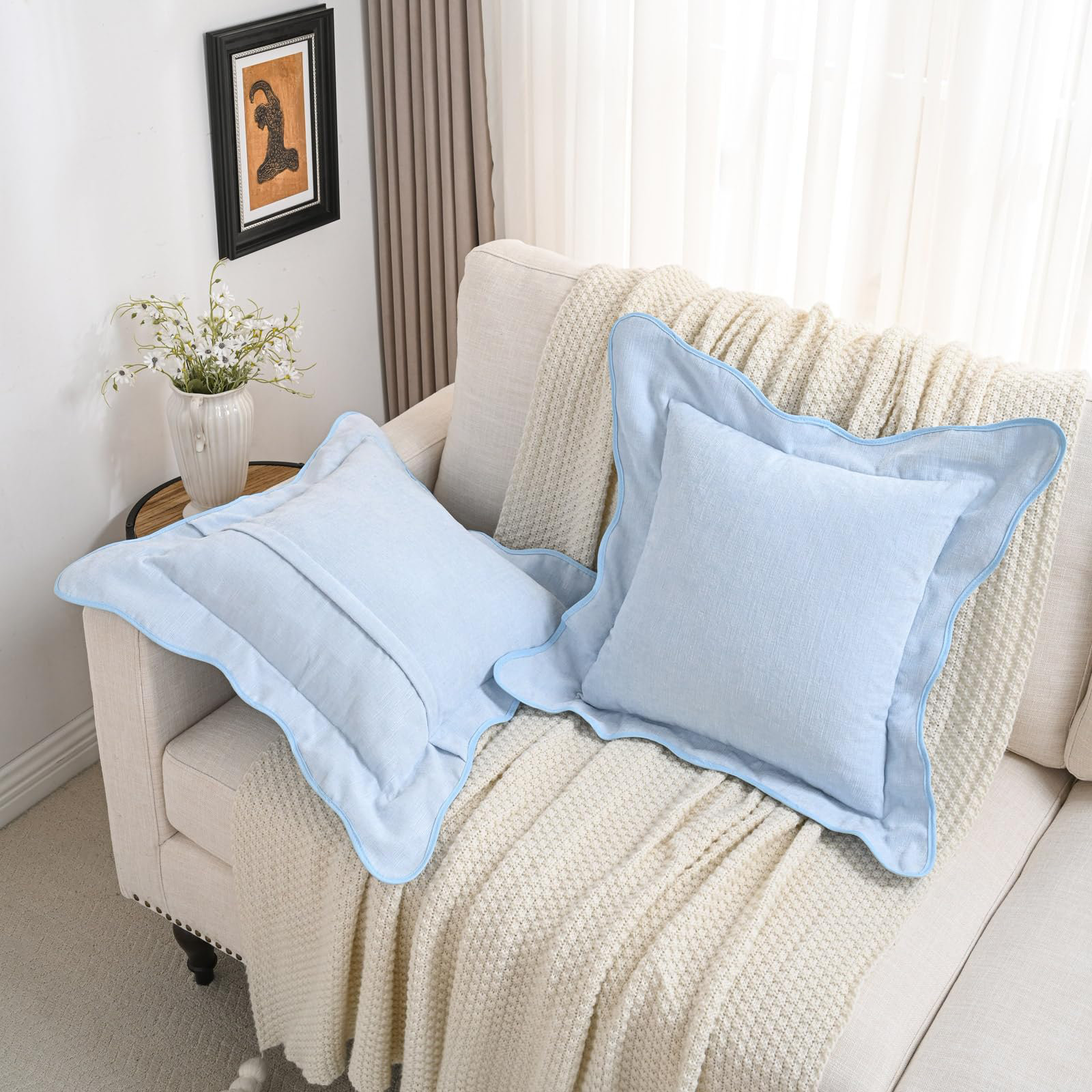 FEIYAN Light Blue Chenille Throw Pillow Covers 18X18 Inch Set Of 2,Double Stitch Scalloped ...
