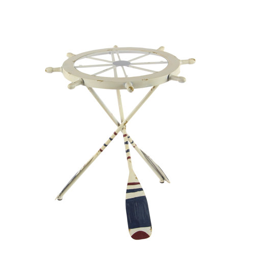 Breakwater Bay Romo White Metal Ship Wheel Top Accent Table with Oar ...