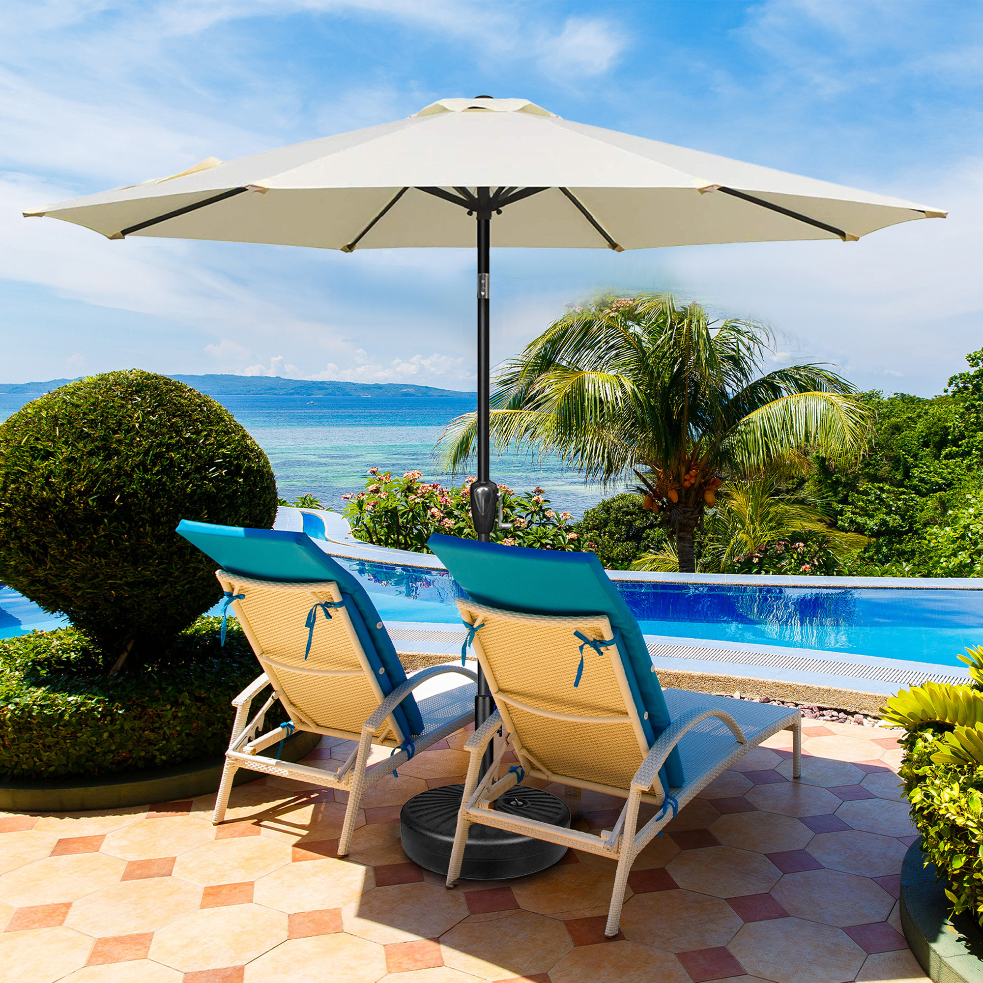 Arlmont & Co. Moriam Patio Umbrella Polyester Market Umbrella with Free Standing Umbrella Base ...