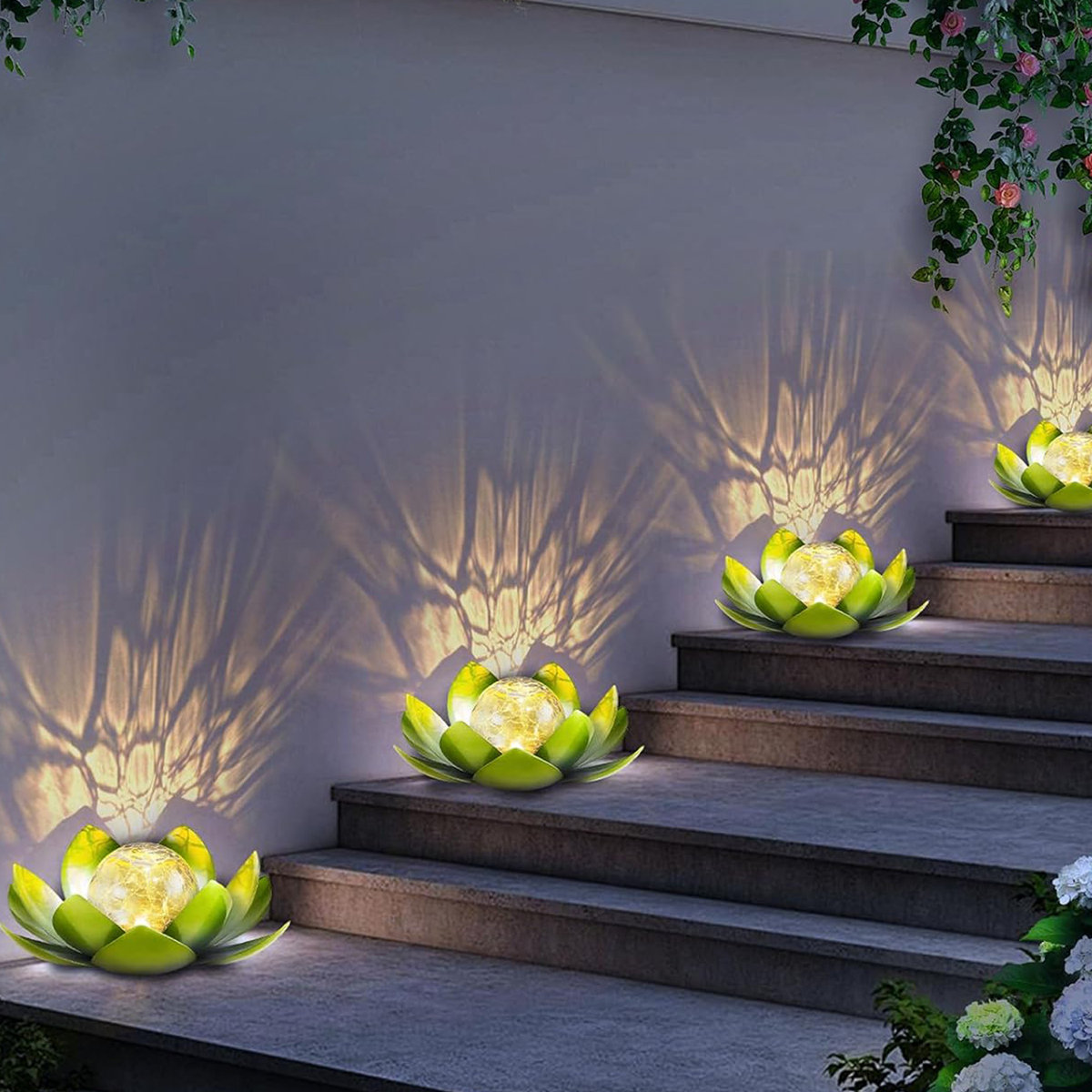 Ivy Bronx Solar Lights Outdoor Garden, Crackle Globe Glass Lotus ...