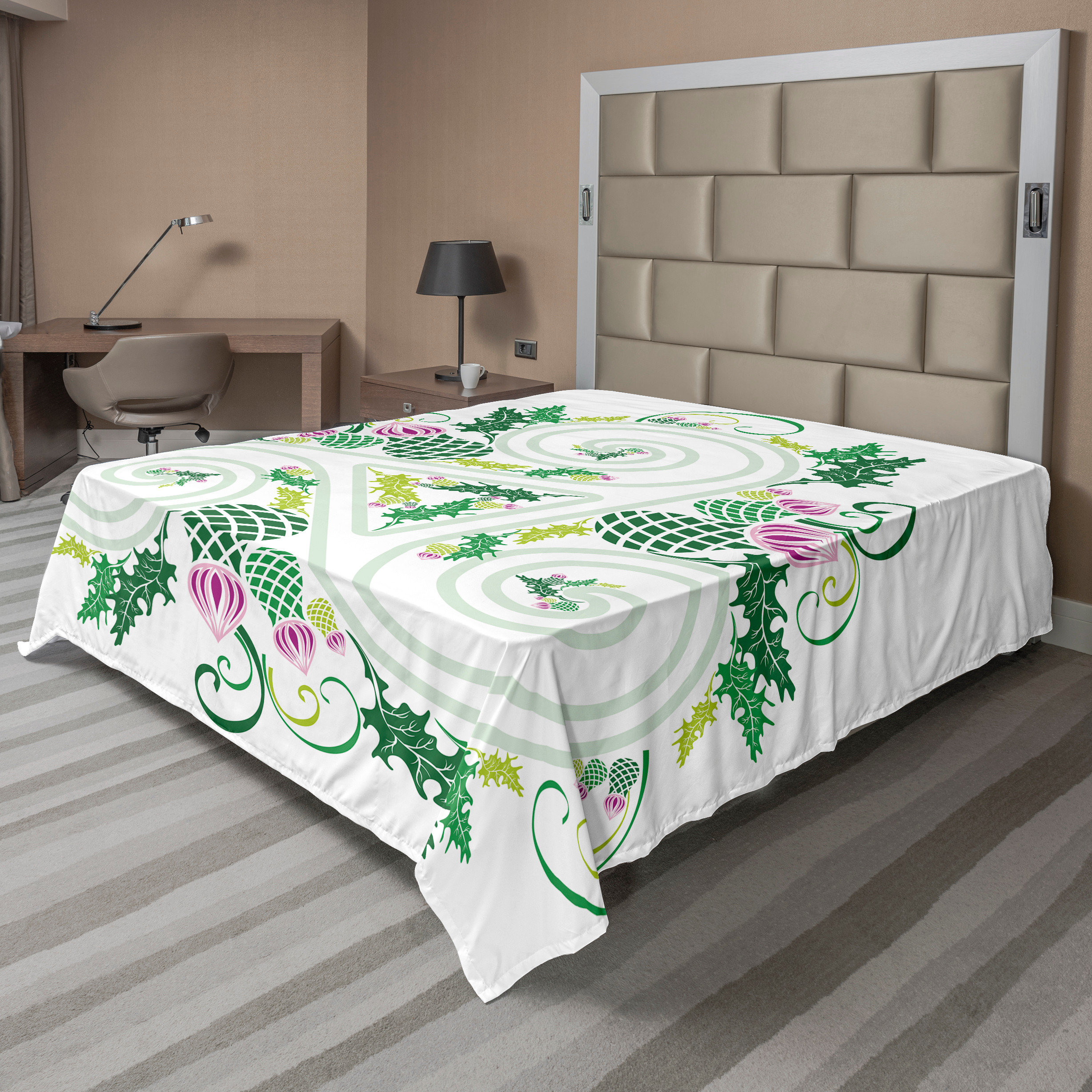 Ambesonne Green Top Flat Sheet Celtic Curved Lines Art Green Pink | Wayfair