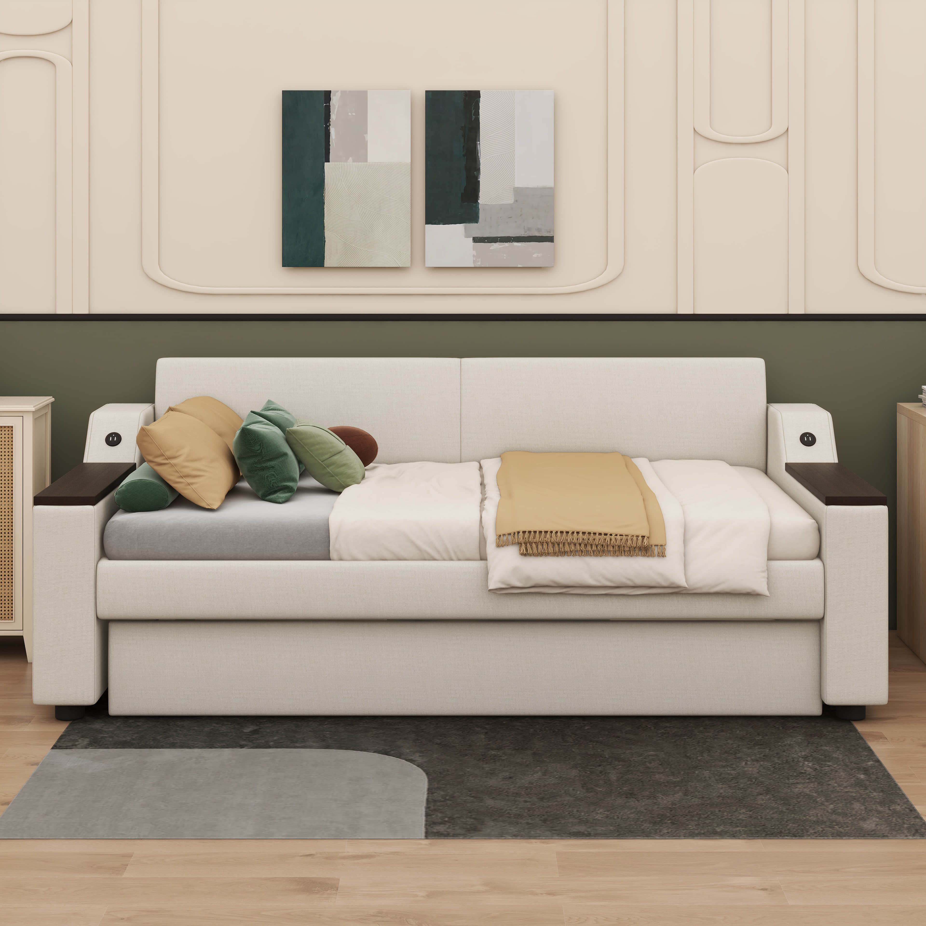 Latitude Run® Plush Twin Size Daybed With Storage Arms, Pull-Out ...