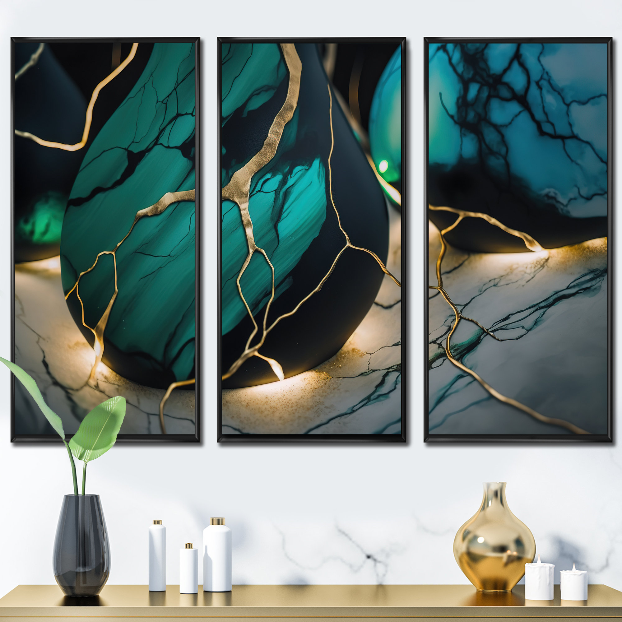 Design Art Abstract Geode Green V - 3 Piece Floater Frame Print on ...