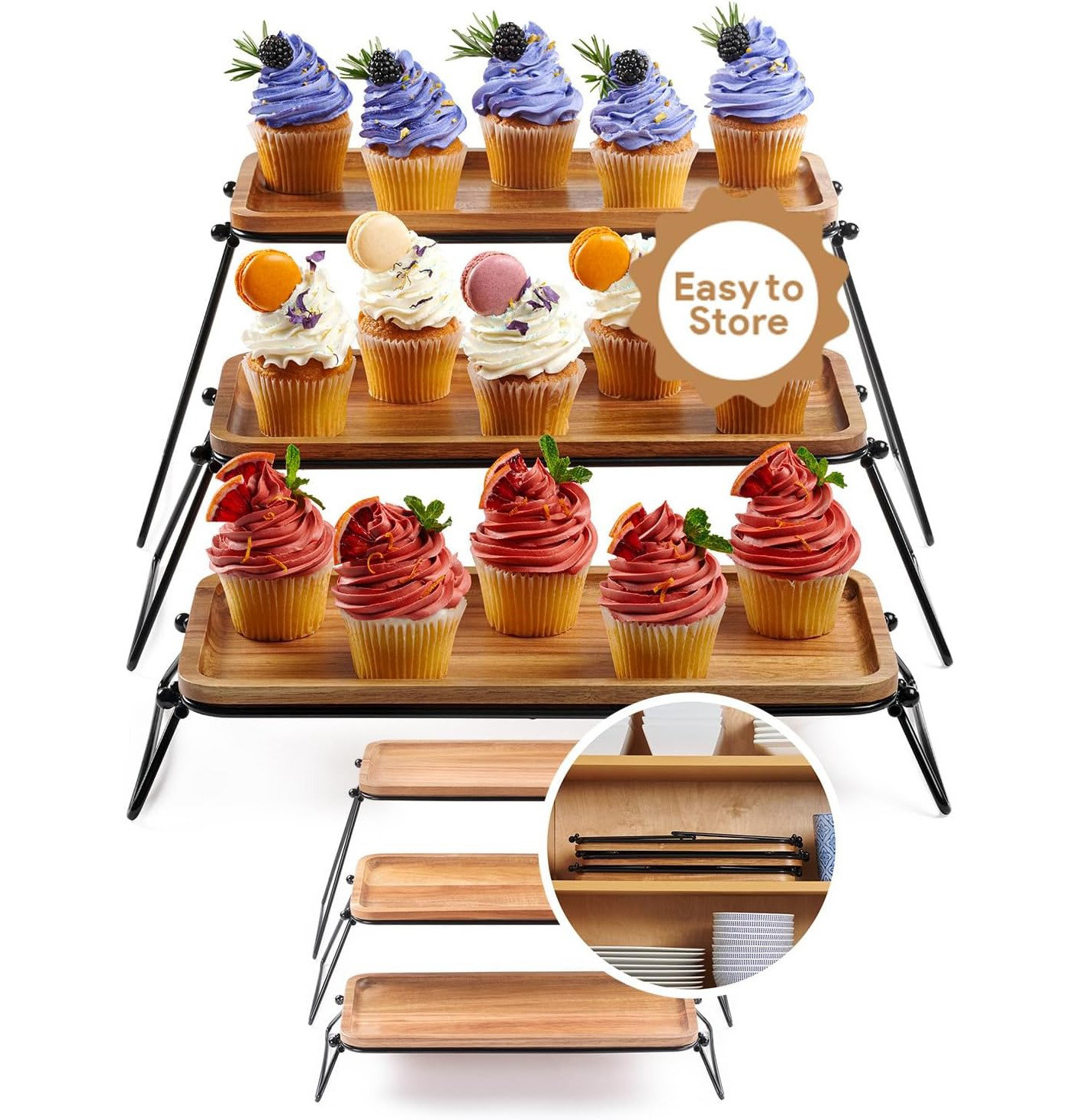 17 Stories 3 Tiered Tray Stand Acacia Wood 3 Tier Serving Tray Dessert ...