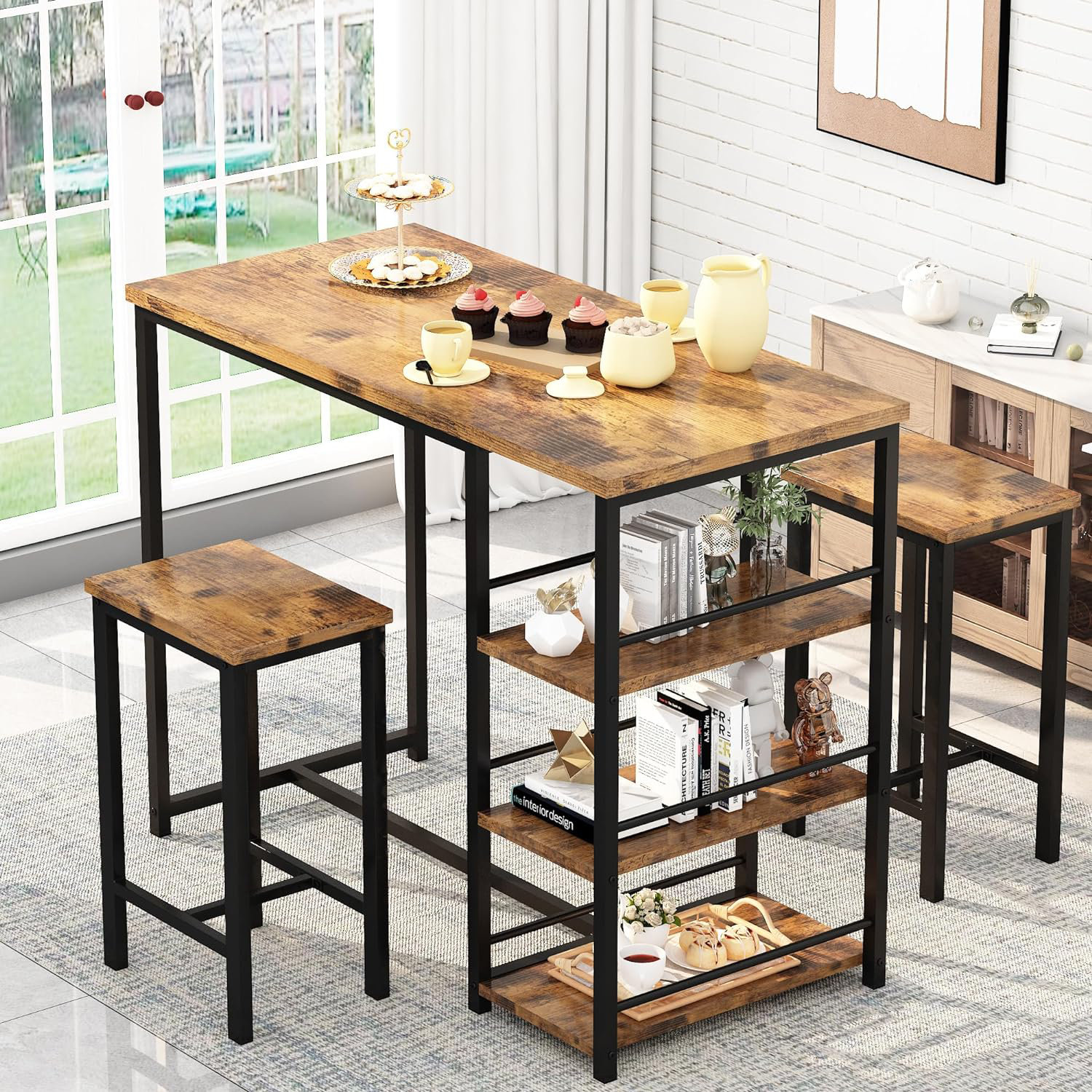 17 Stories Bar Dining Table Set For 2 With 3 Storage Shelves, Bar Table ...