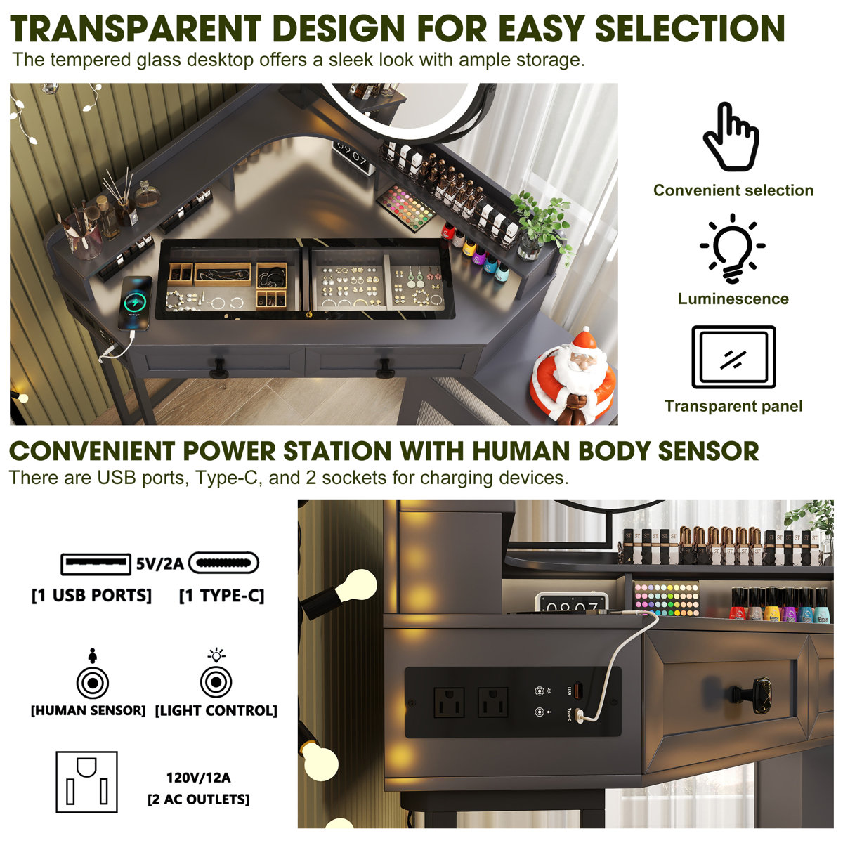 17 Stories Corner Vanity Desk with Mirror, LED Lights, Drawers & Outlet ...