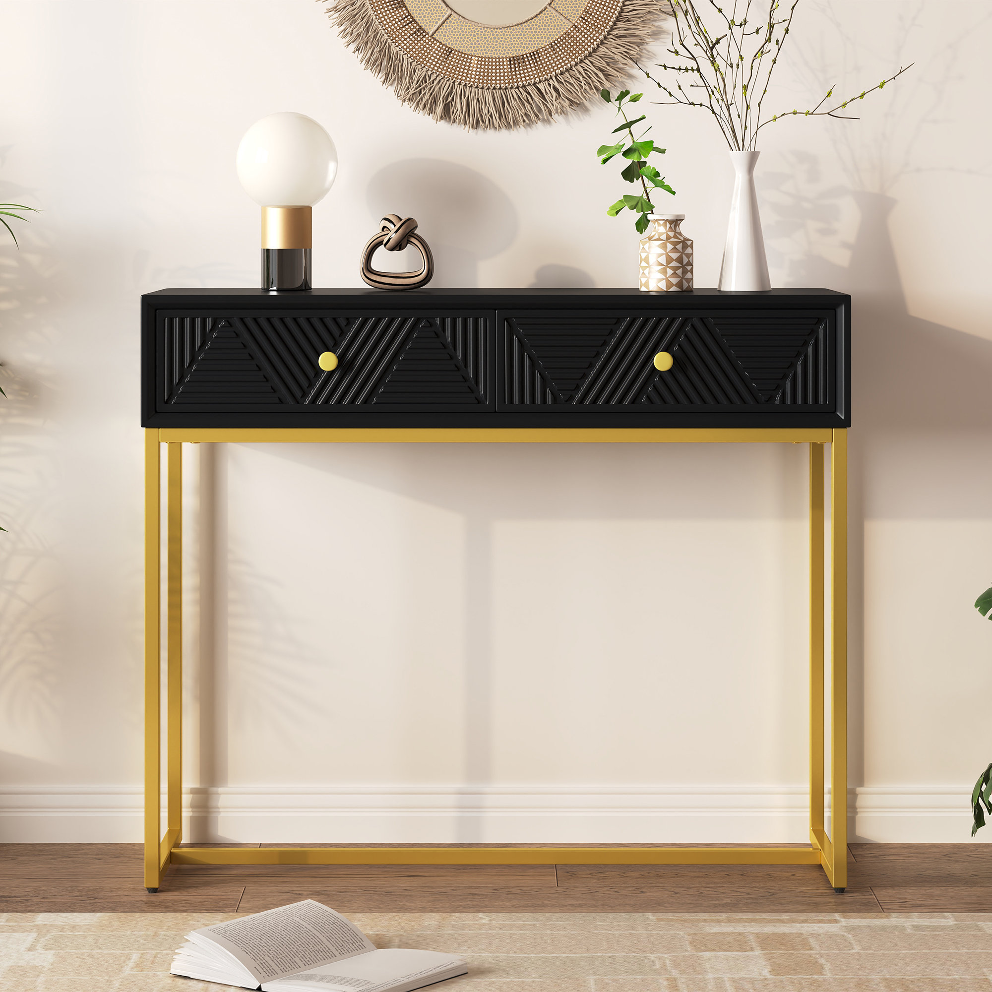 Mercer41 Modern Sleek Console Table With Two Drawers And Stripe Design ...
