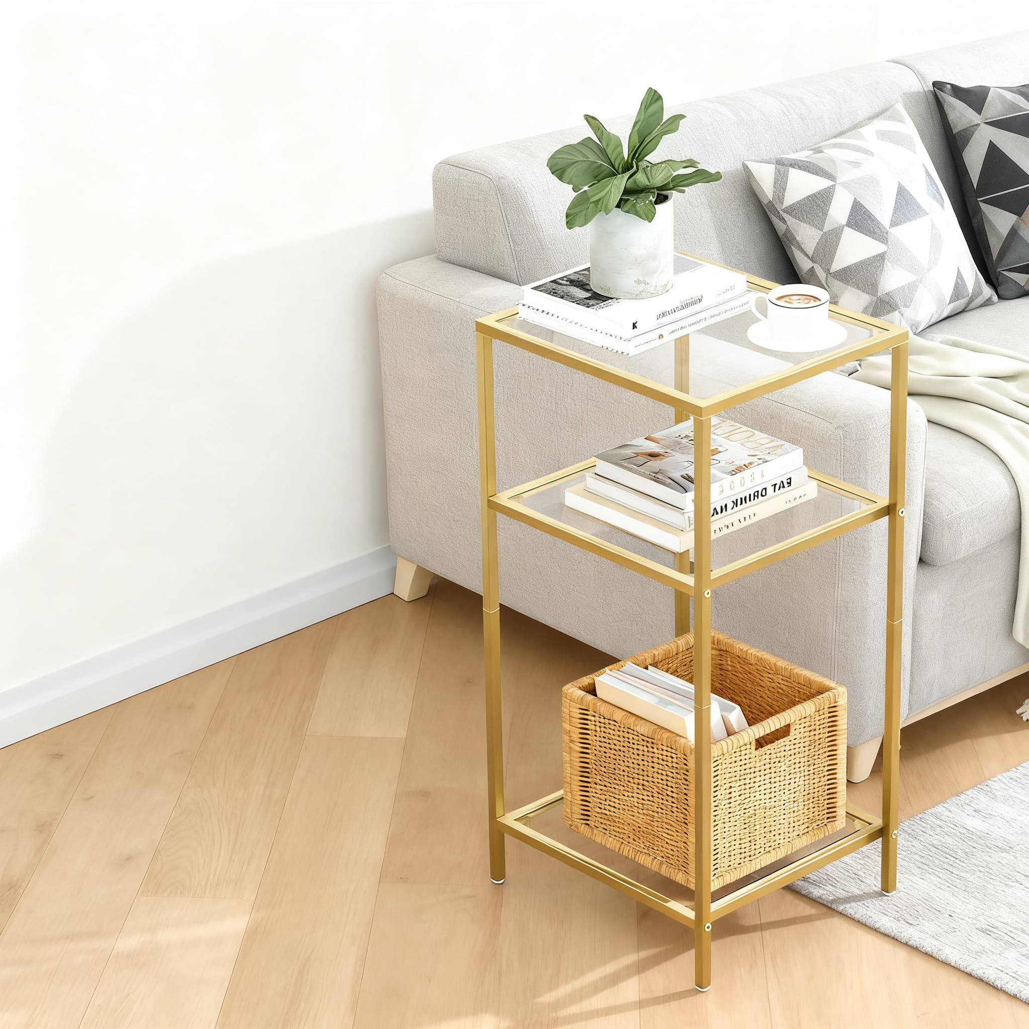Mercer41 3-Tier End Table Set Of 2 With Tempered Glass, Modern Slim ...